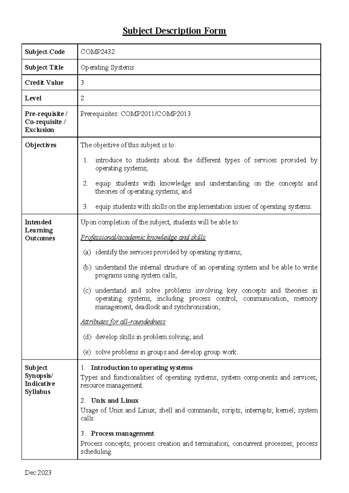 COMP2432 Operating Systems Course Overview and Syllabus (Dec 2023 ...