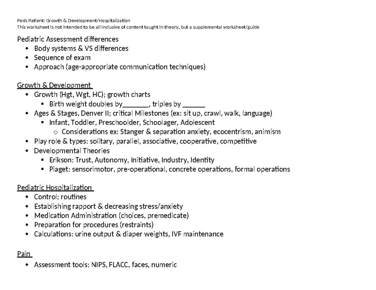 PEDS 101: Growth & Development Assessment Worksheet - Studocu