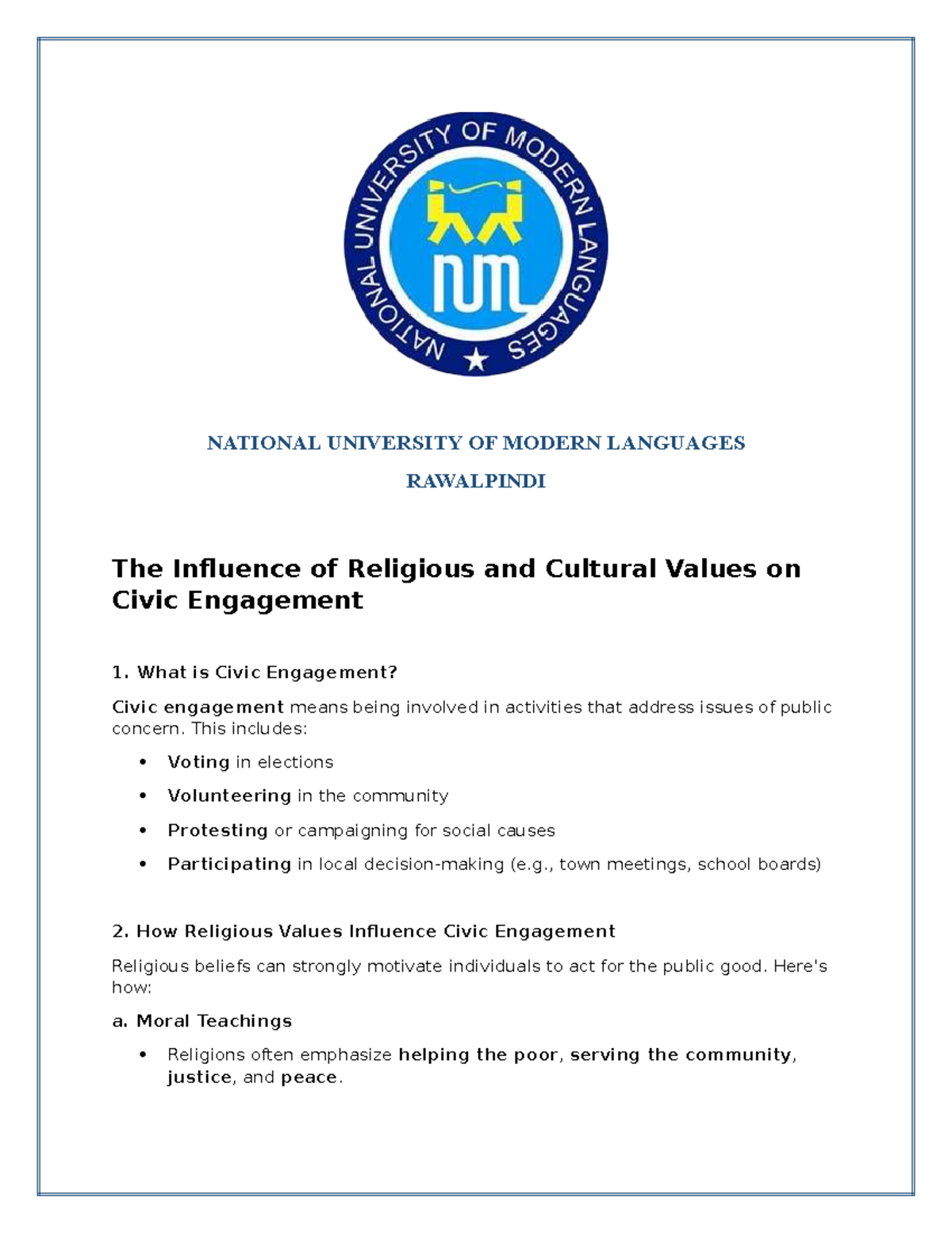 The Influence of Religious & Cultural Values on Civic Engagement - Studocu