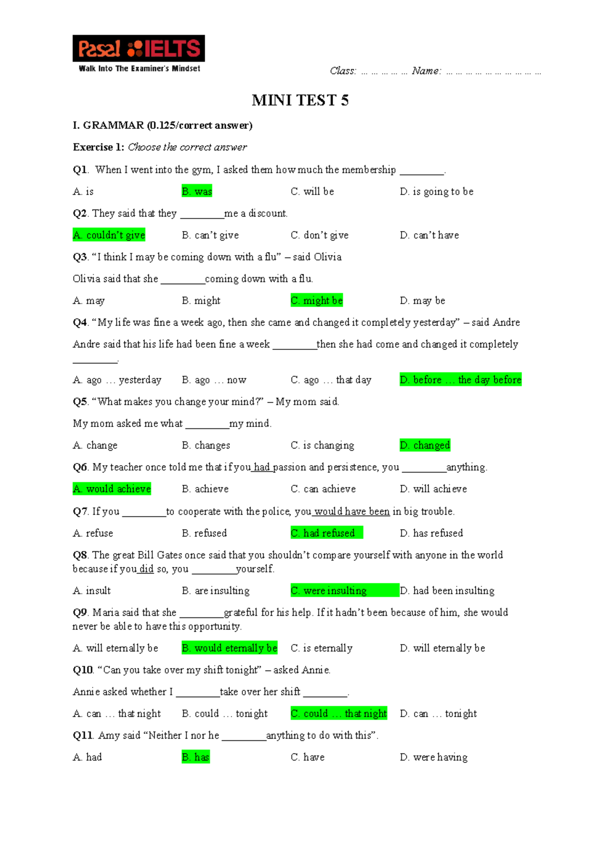 MINI TEST 5 - Bài test IELTS Cuối Khóa 4.5-5.0 (Grammar & Listening ...