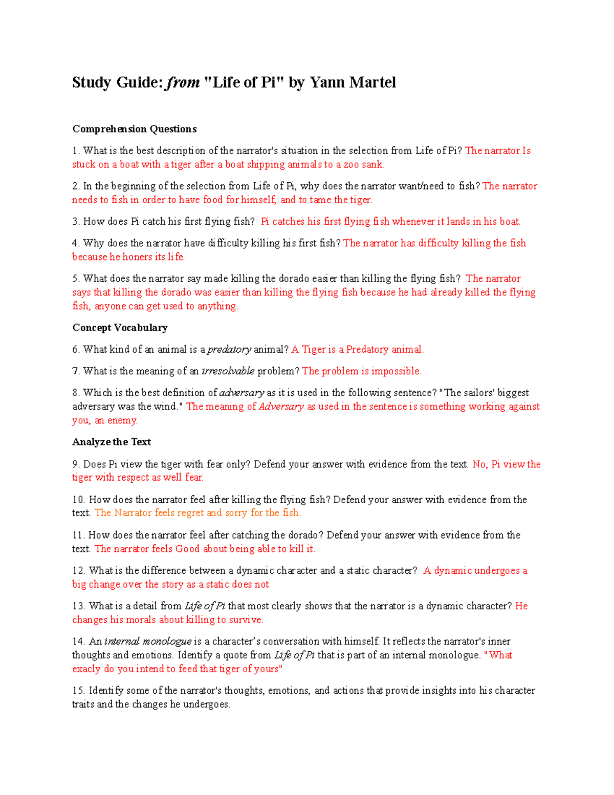 Life of Pi Study Guide: Comprehension Questions & Analysis 2024-1 - Studocu