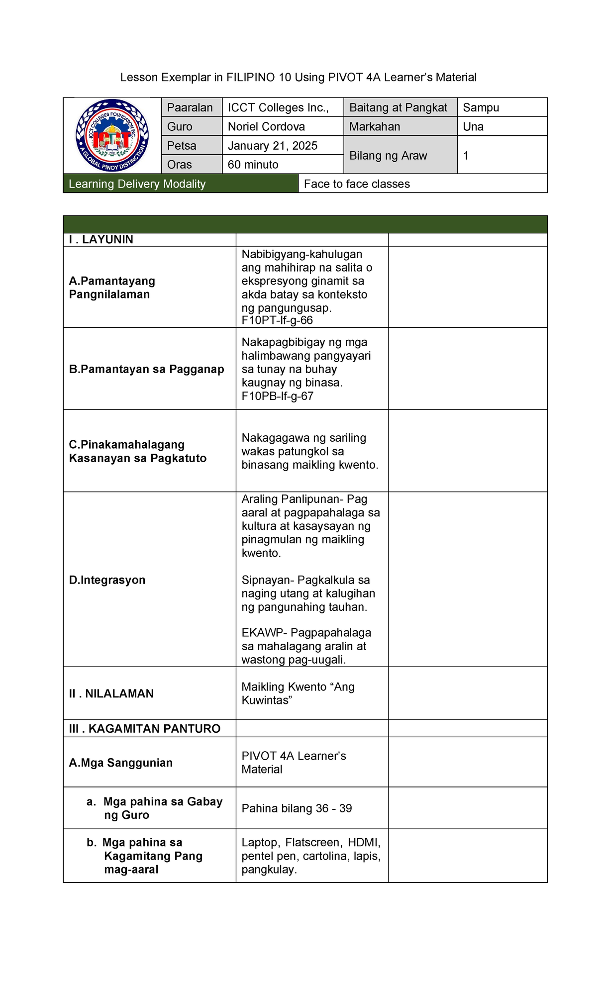 FILIPINO 10 - Sample Lesson Plan Using PIVOT 4A Materials - Studocu