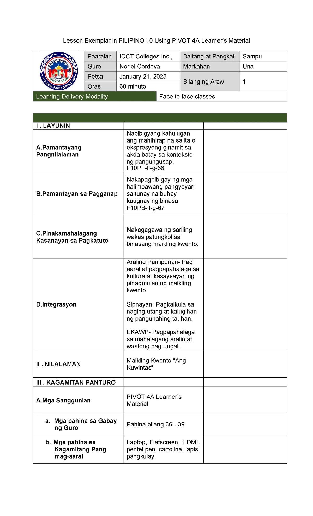 PIVOT 4A Filipino 10 Lesson Plan Exemplar by Noriel Cordova - Studocu