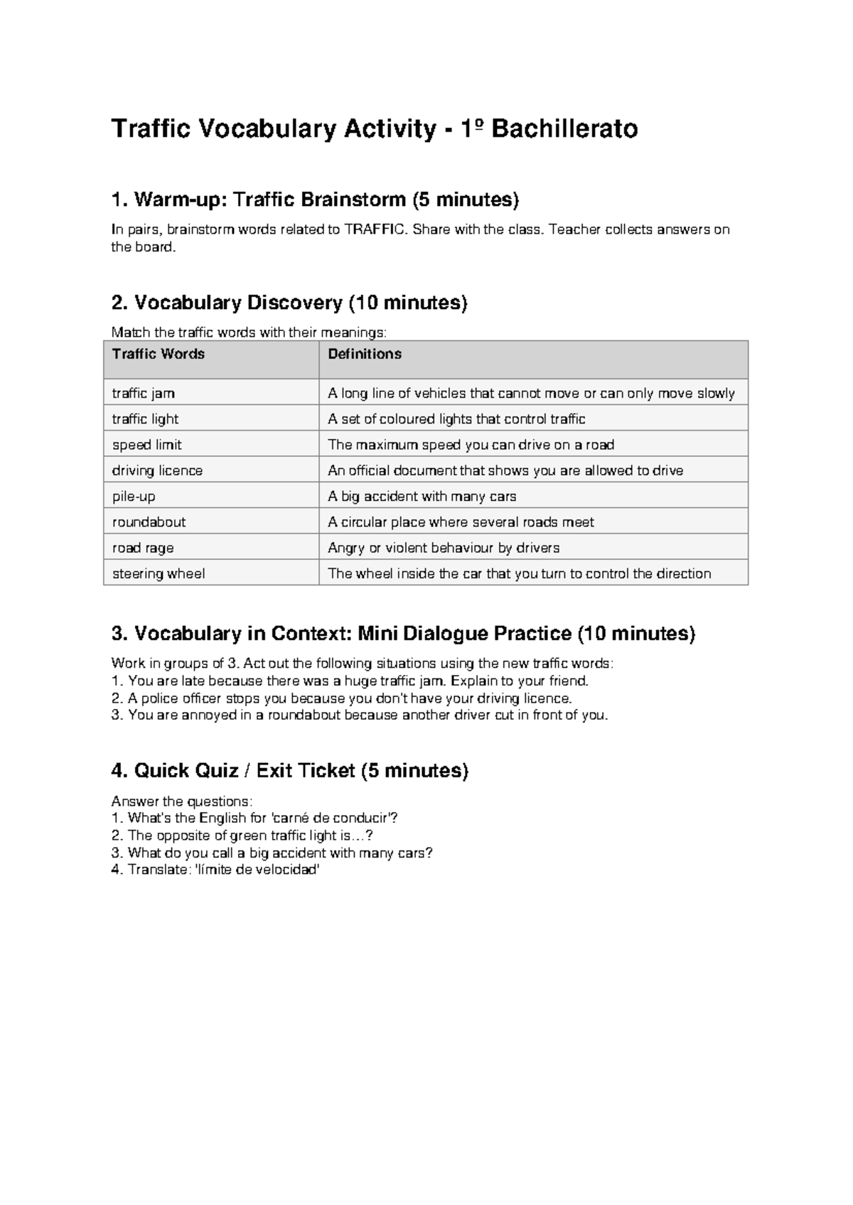 Traffic Vocabulary Activity 1º Bachillerato: Brainstorm & Practice ...