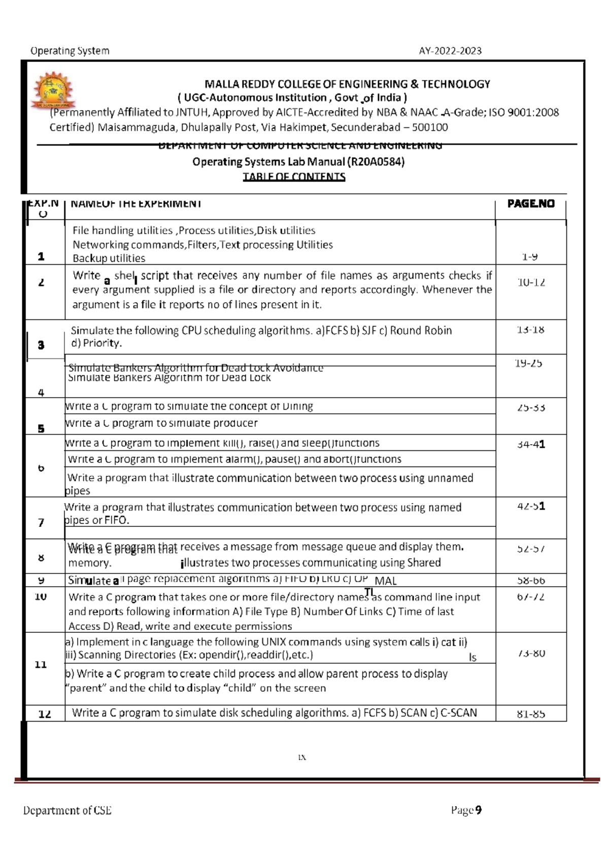 Operating Systems Lab Manual (R20A0584) - Malla Reddy College - Studocu