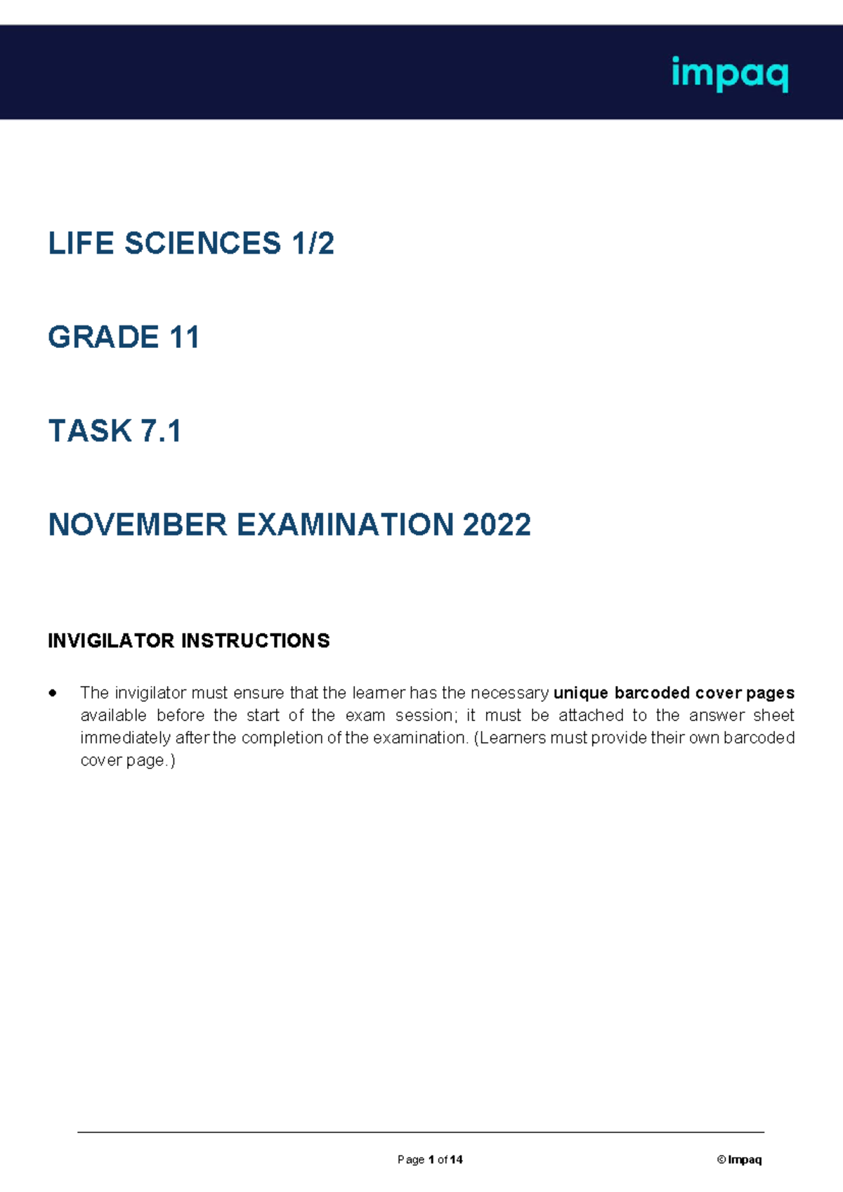 2022-LS-G11 Nov Exam Paper 1: Invigilator Instructions & Questions ...