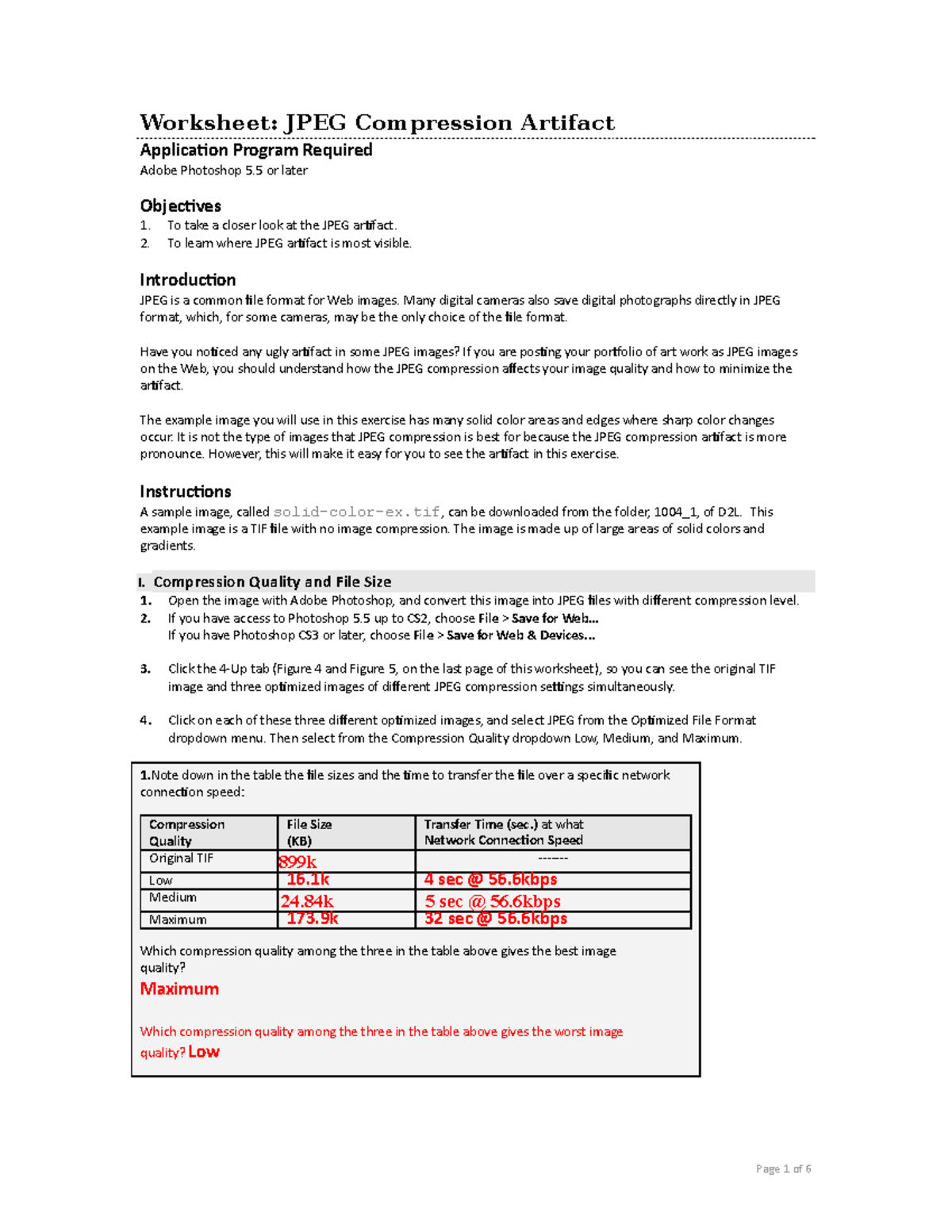 Class work worksheet-jpeg-artifact - 1 down in the table the file sizes ...