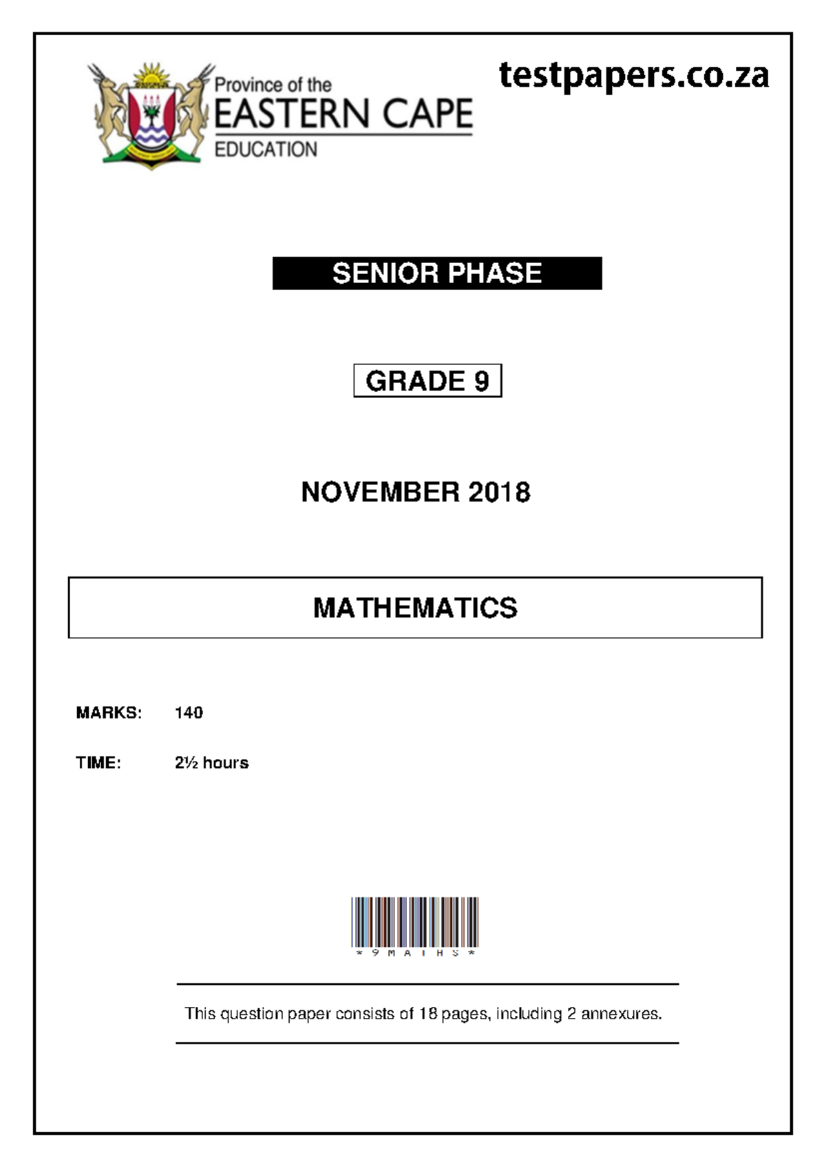2018 Grade 9 Mathematics Final Exam Paper - Studocu
