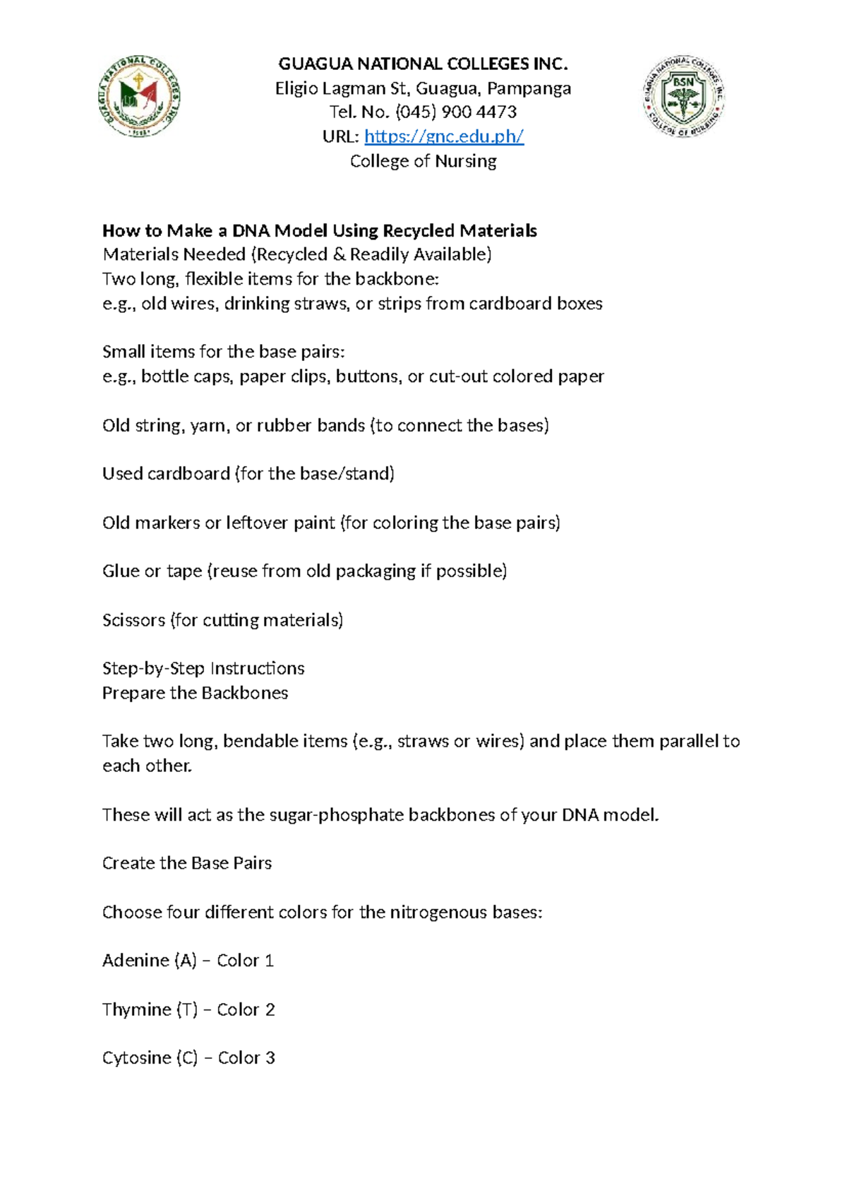 Making a DNA Model - Lab Guide for Nursing Students - Studocu