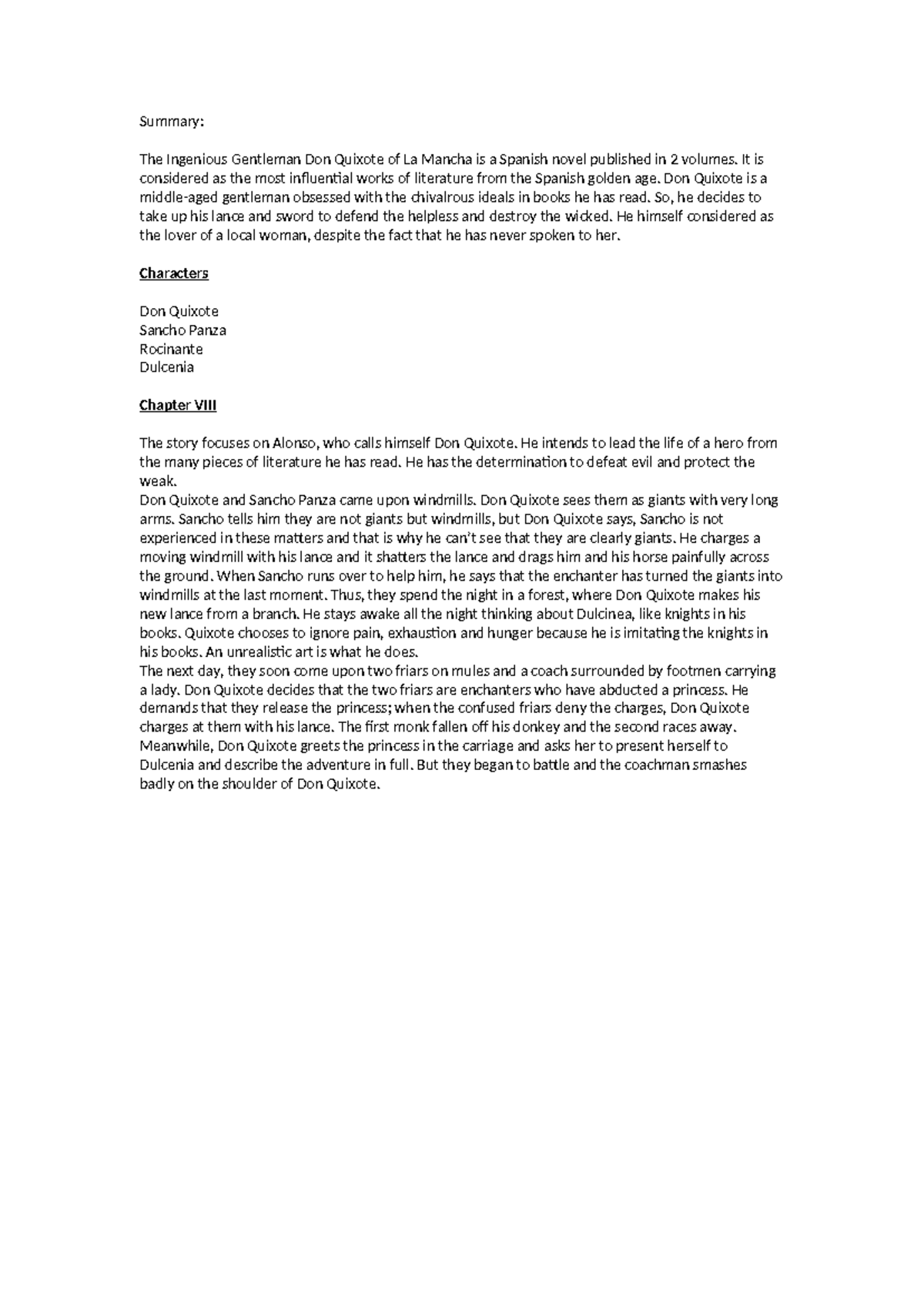 Summary of Don Quixote - Non-Fiction Analysis - Studocu