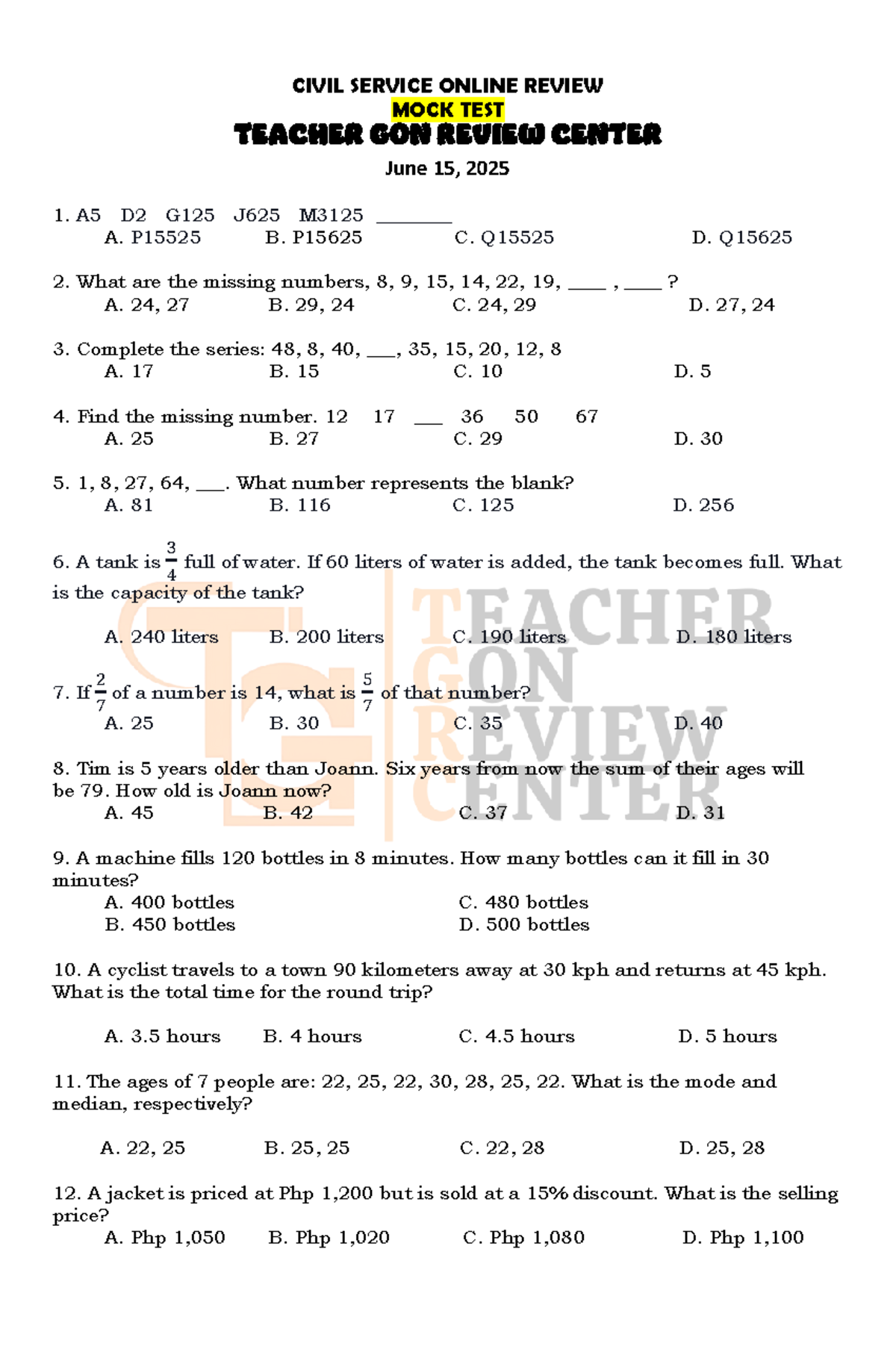 CIVIL SERVICE NUMERICAL ABILITY MOCK TEST - PHASE 1 - Studocu