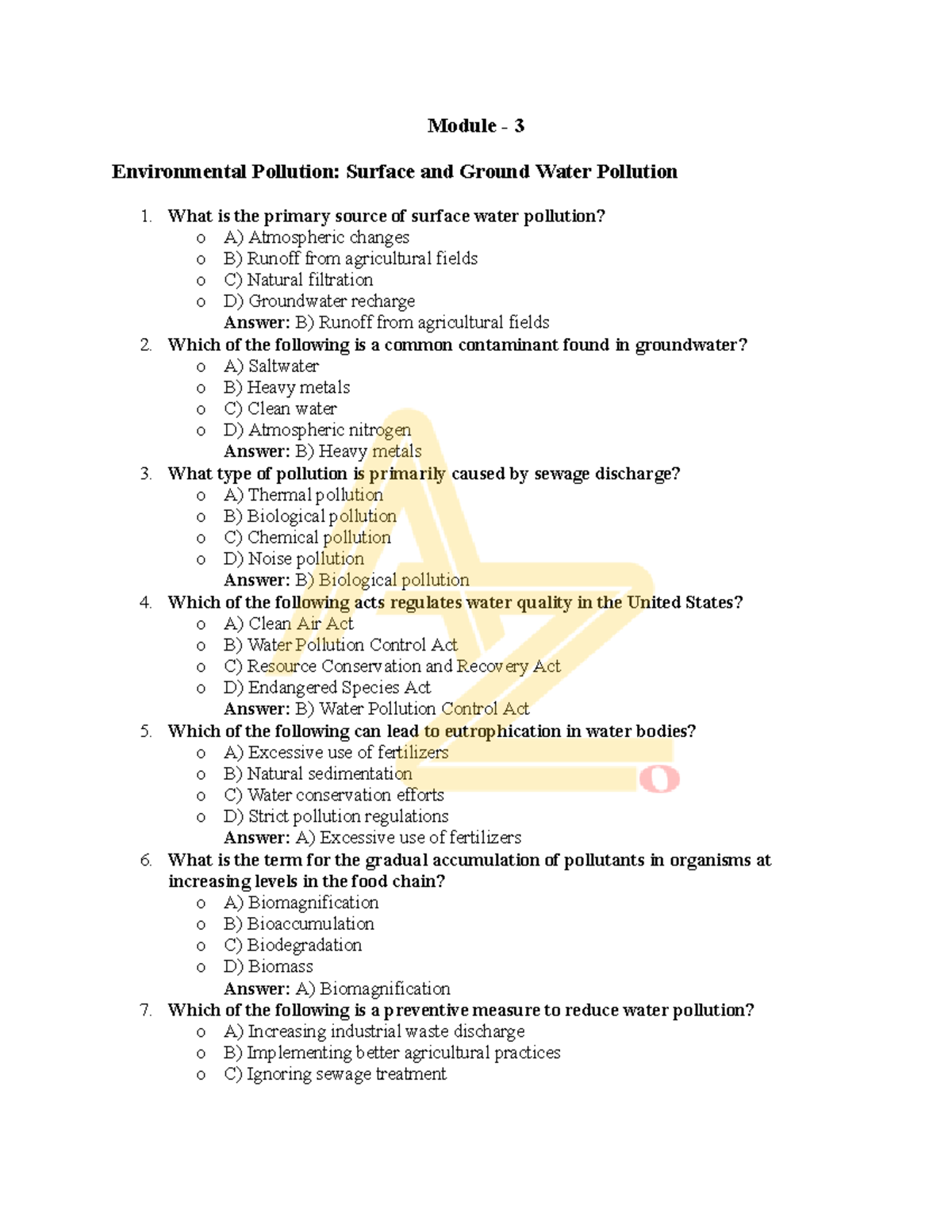 EVS-BCS508 Module 3: Environmental Pollution MCQs and Case Studies ...