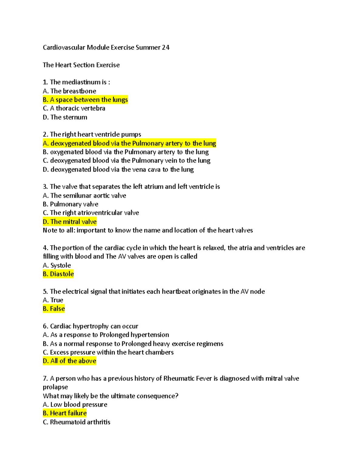 The Cardiovascular System Module Exercise Summer 24 - Cardiovascular ...