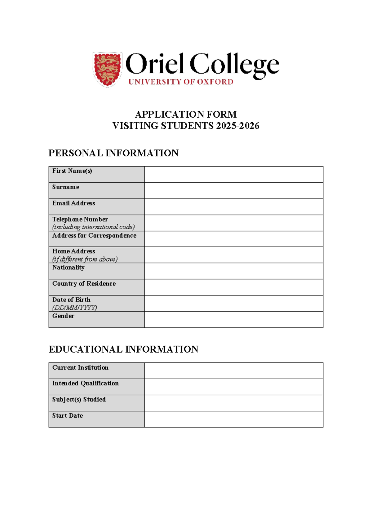 Visiting Student Application Form 2025-2026 - Studocu