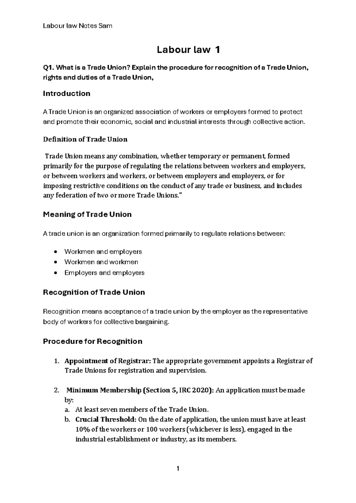 Labour Law 1 Notes: Trade Unions, Strikes, and Dispute Resolution - Studocu
