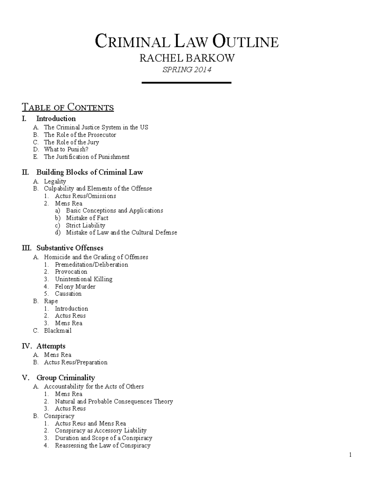 Criminal Law Outline by Rachel Barkow - Spring 2014 Guide - Studocu