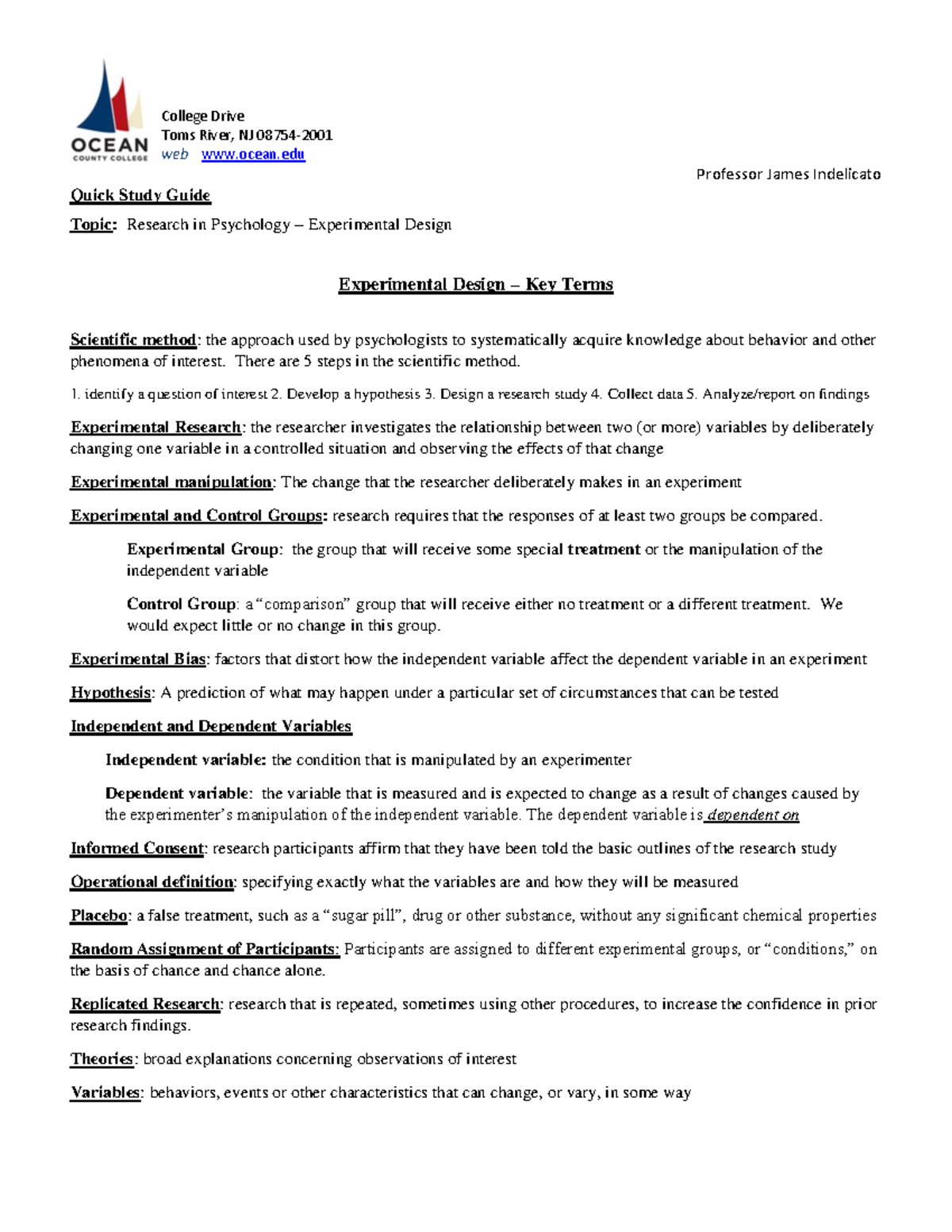 PSY 101: Research in Psychology - Experimental Design Quick Study Guide ...