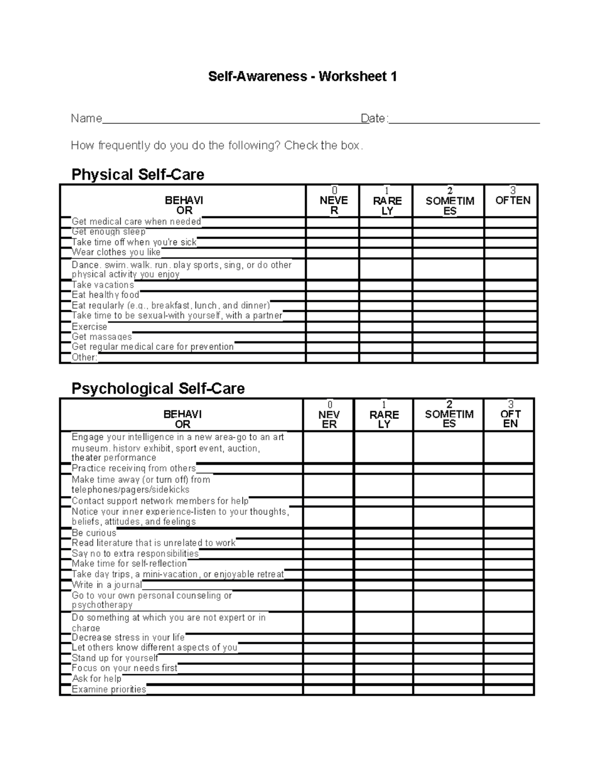 Self awareness excersize - Self-Awareness - Worksheet 1 Name Date: How ...