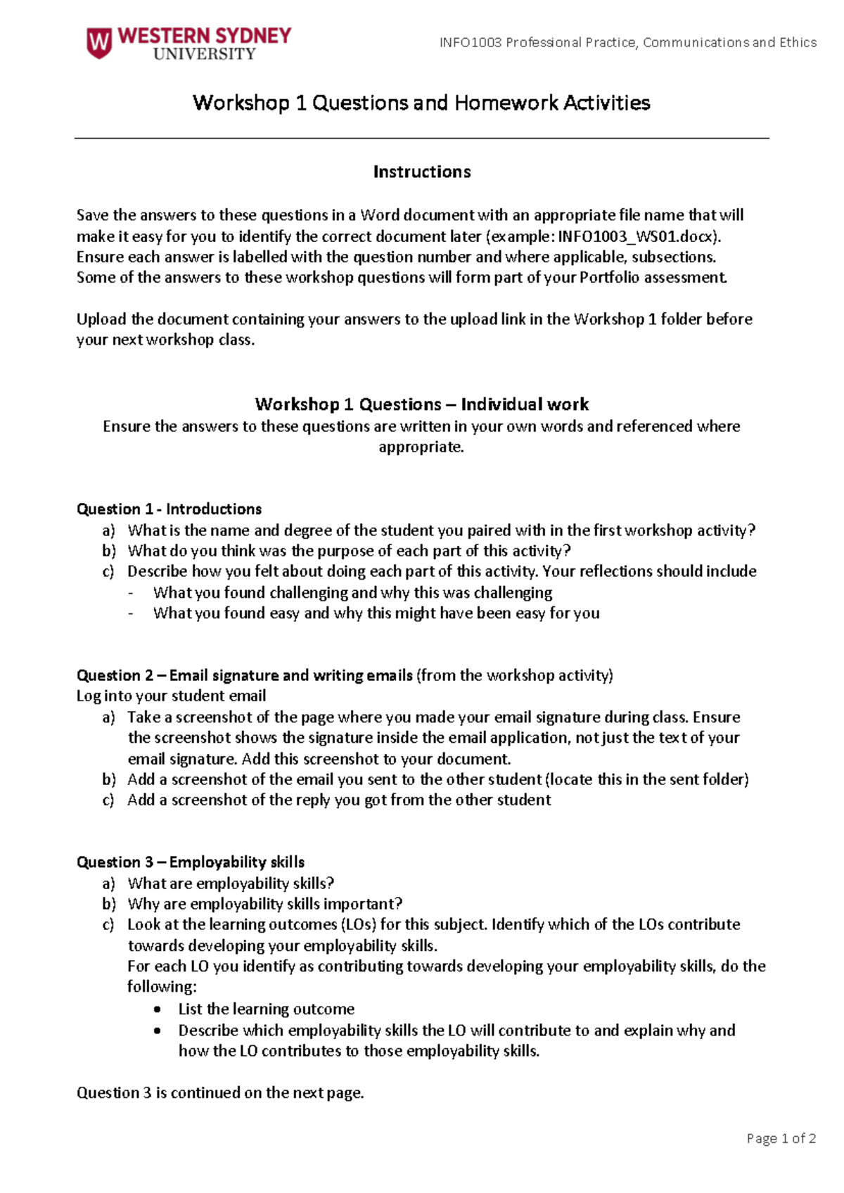 INFO1003 Workshop 1 Questions & Homework Activities Guide - Studocu
