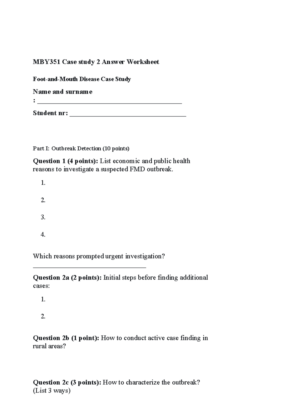M351 Case Study 2: FMD Outbreak Detection and Analysis Worksheet - Studocu
