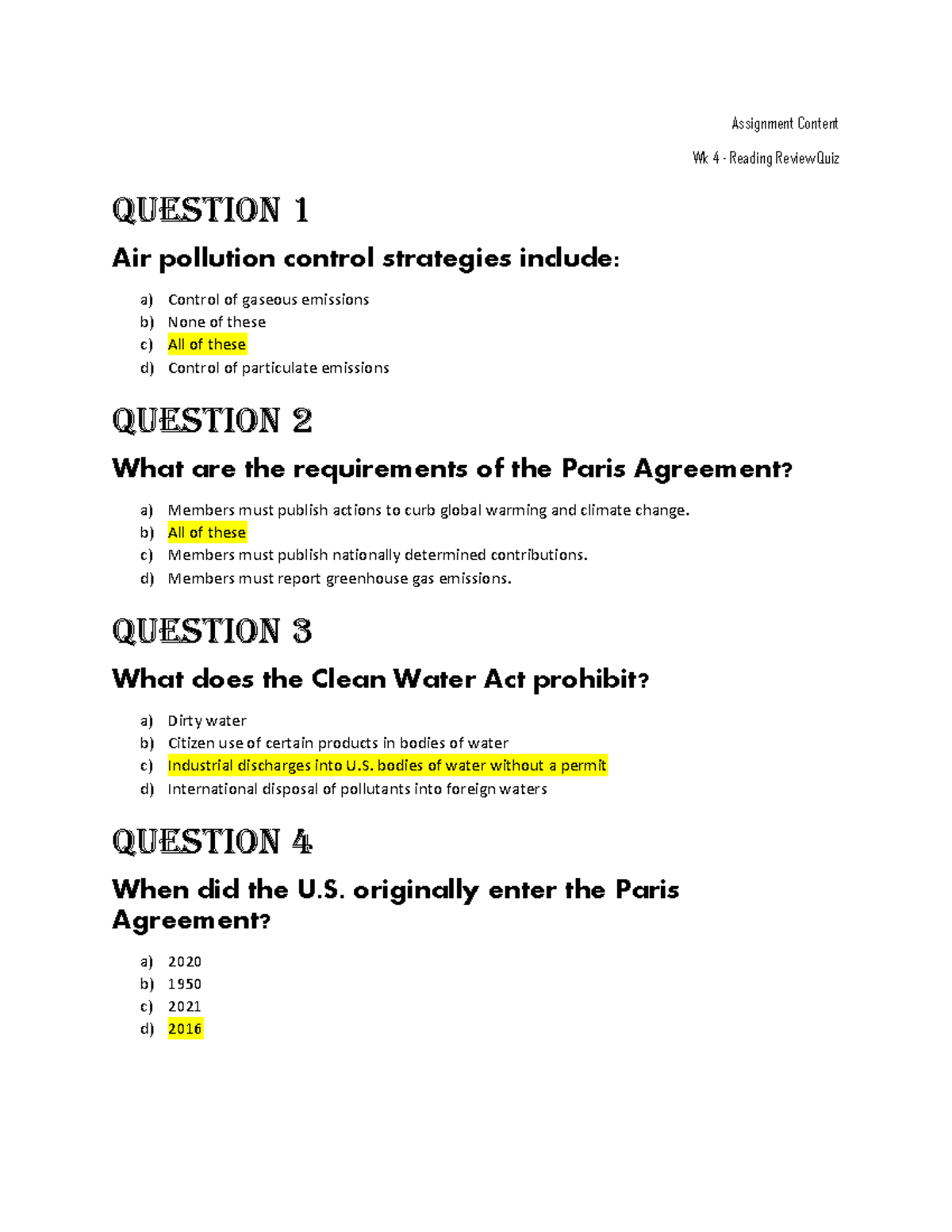 Wk 4 - Environmental Policies Reading Review Quiz - Studocu