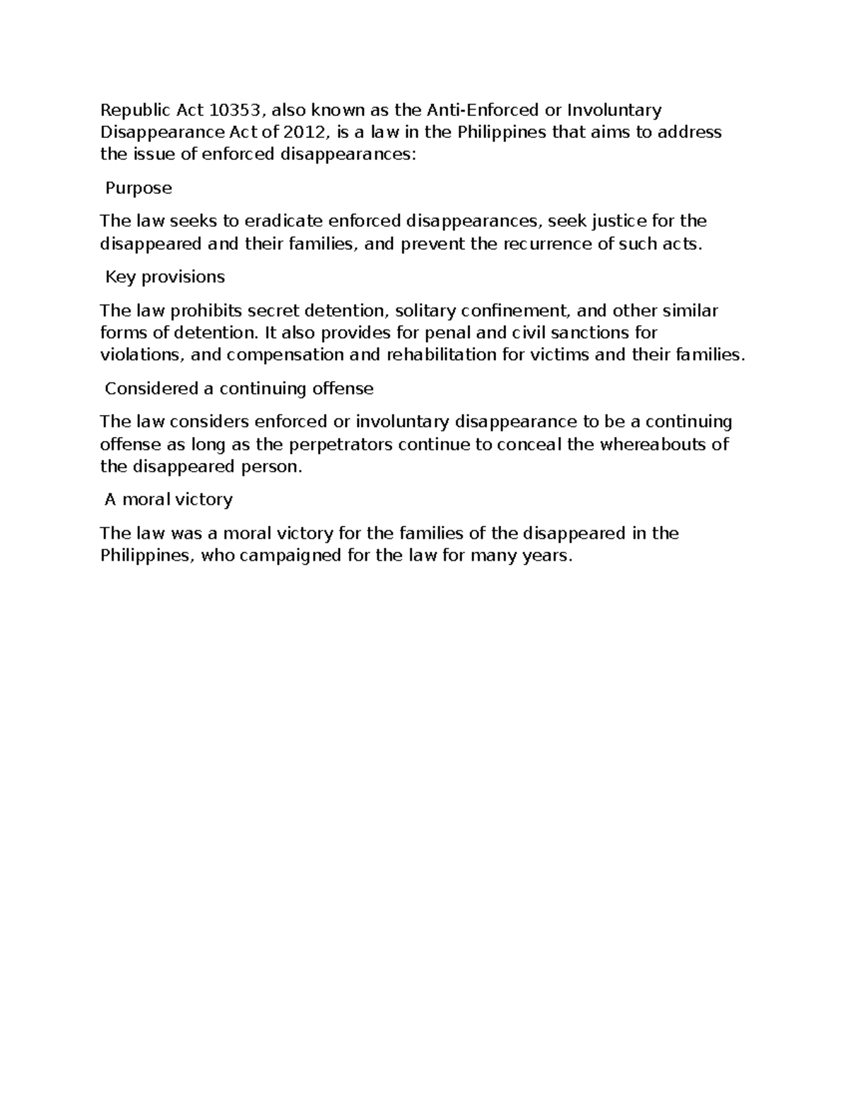 R.A. 10353 - Summary of the Anti-Enforced Disappearance Act - Studocu