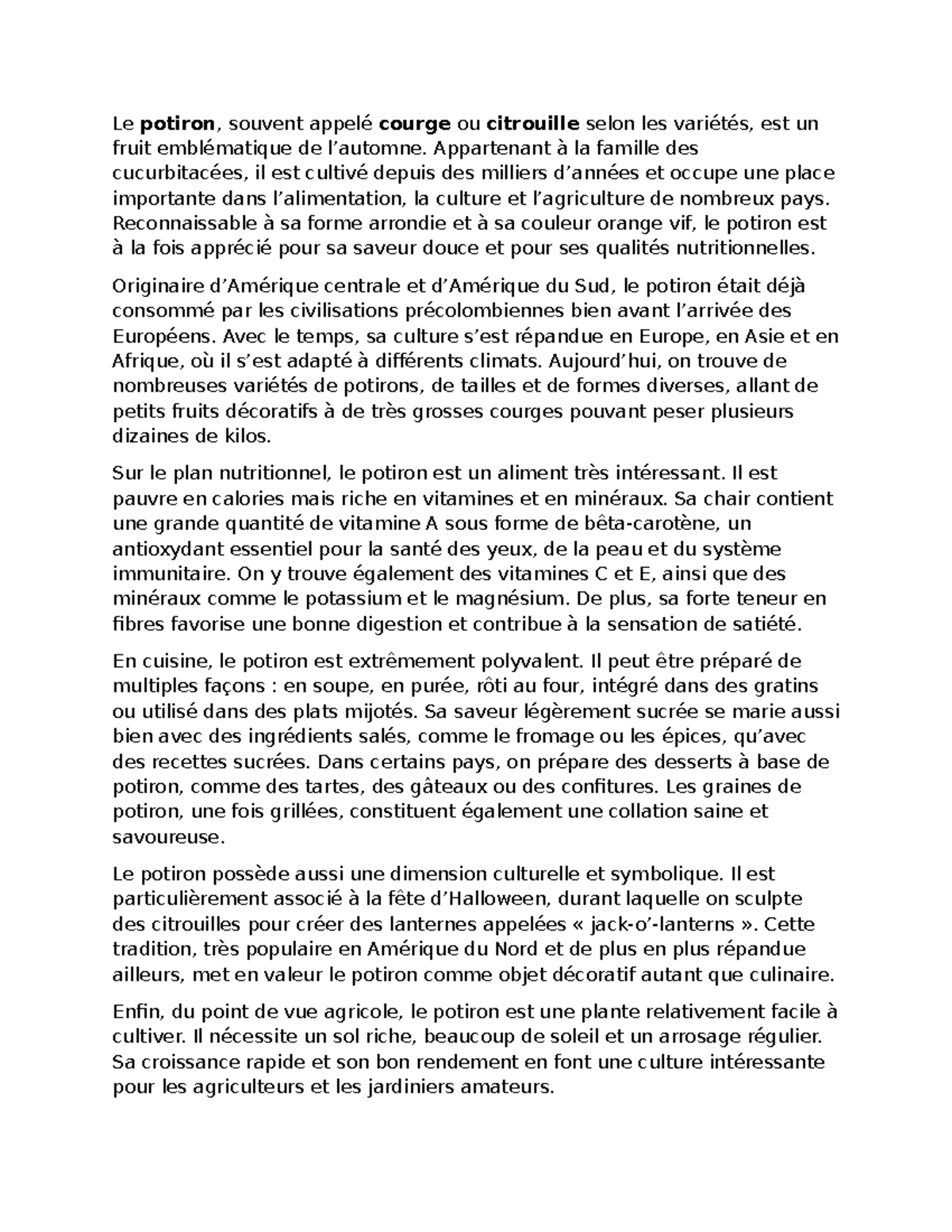 Étude sur le Potiron : Culture, Nutrition et Usages Culinaires - Studocu