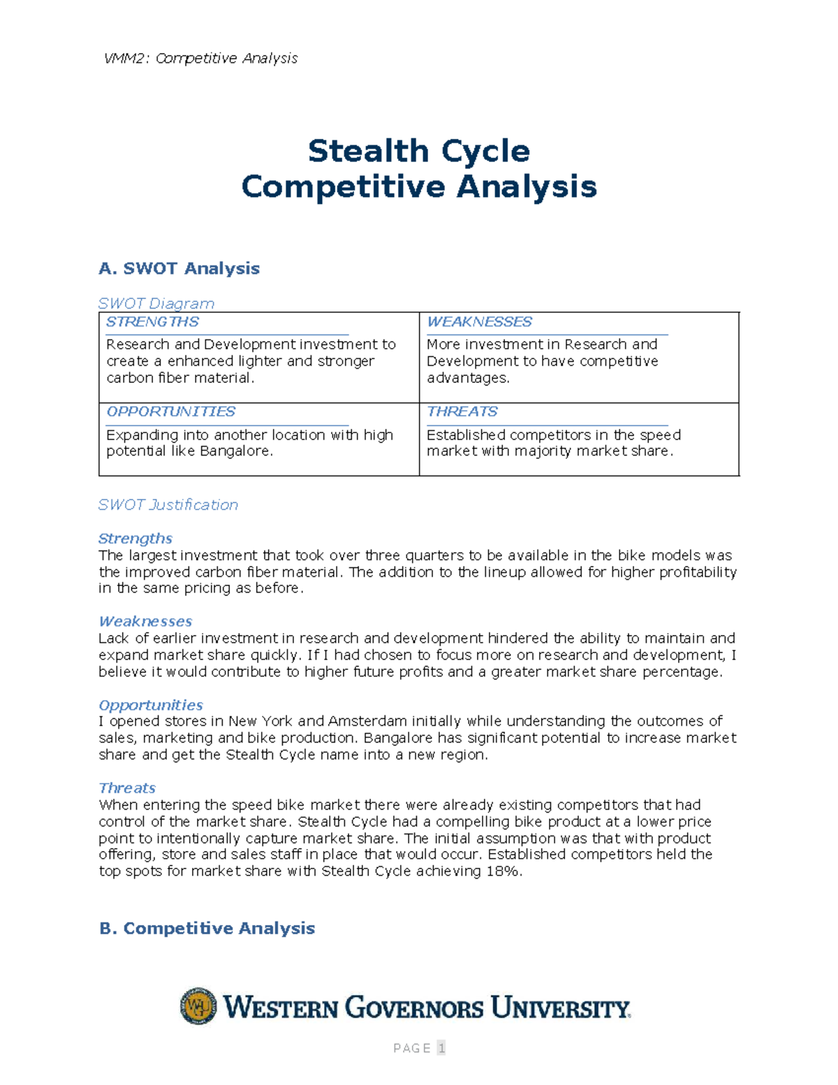 VMM2: Competitive Analysis of Stealth Cycle - SWOT Insights - Studocu