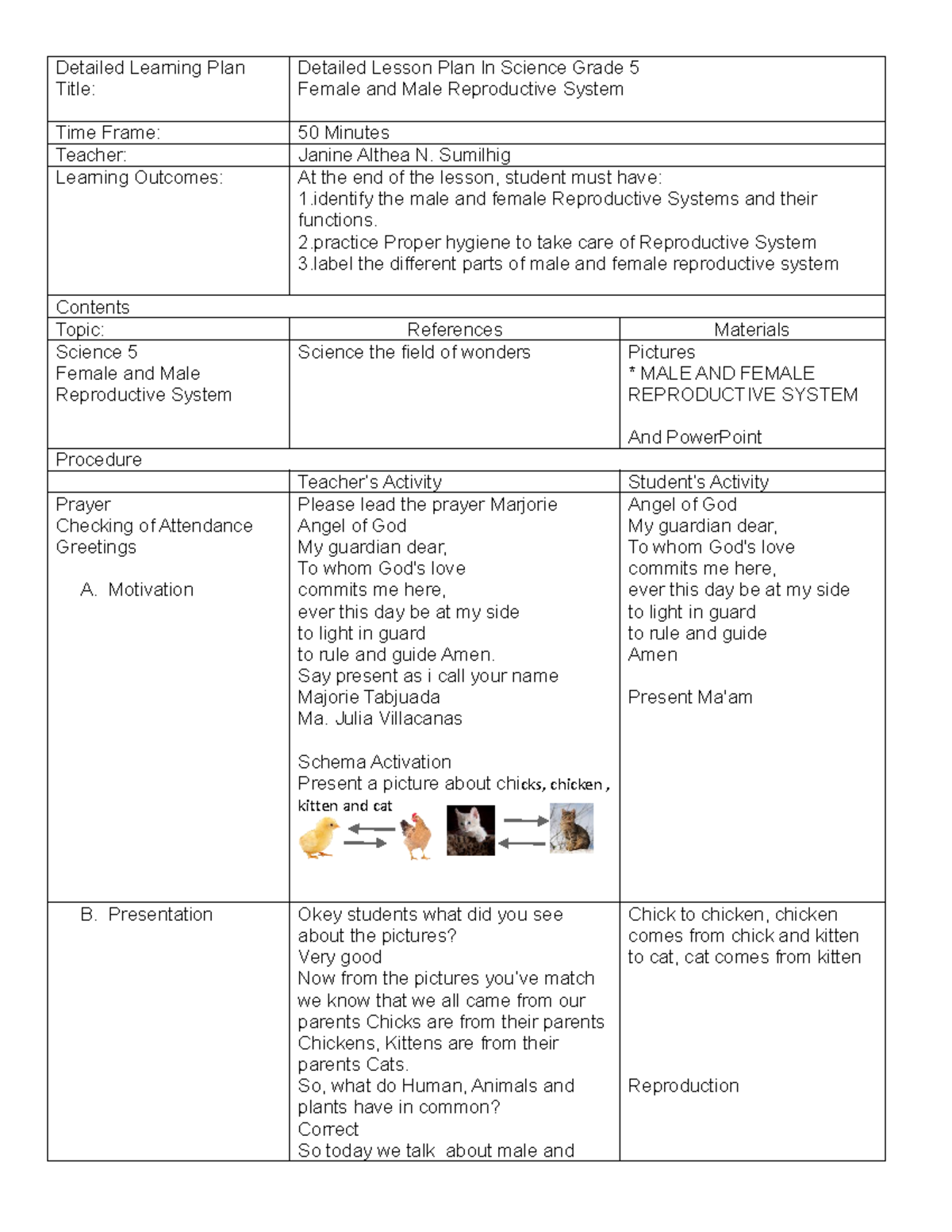 Detailed Lesson Plan on the Reproductive System (Grade 5 Science) - Studocu