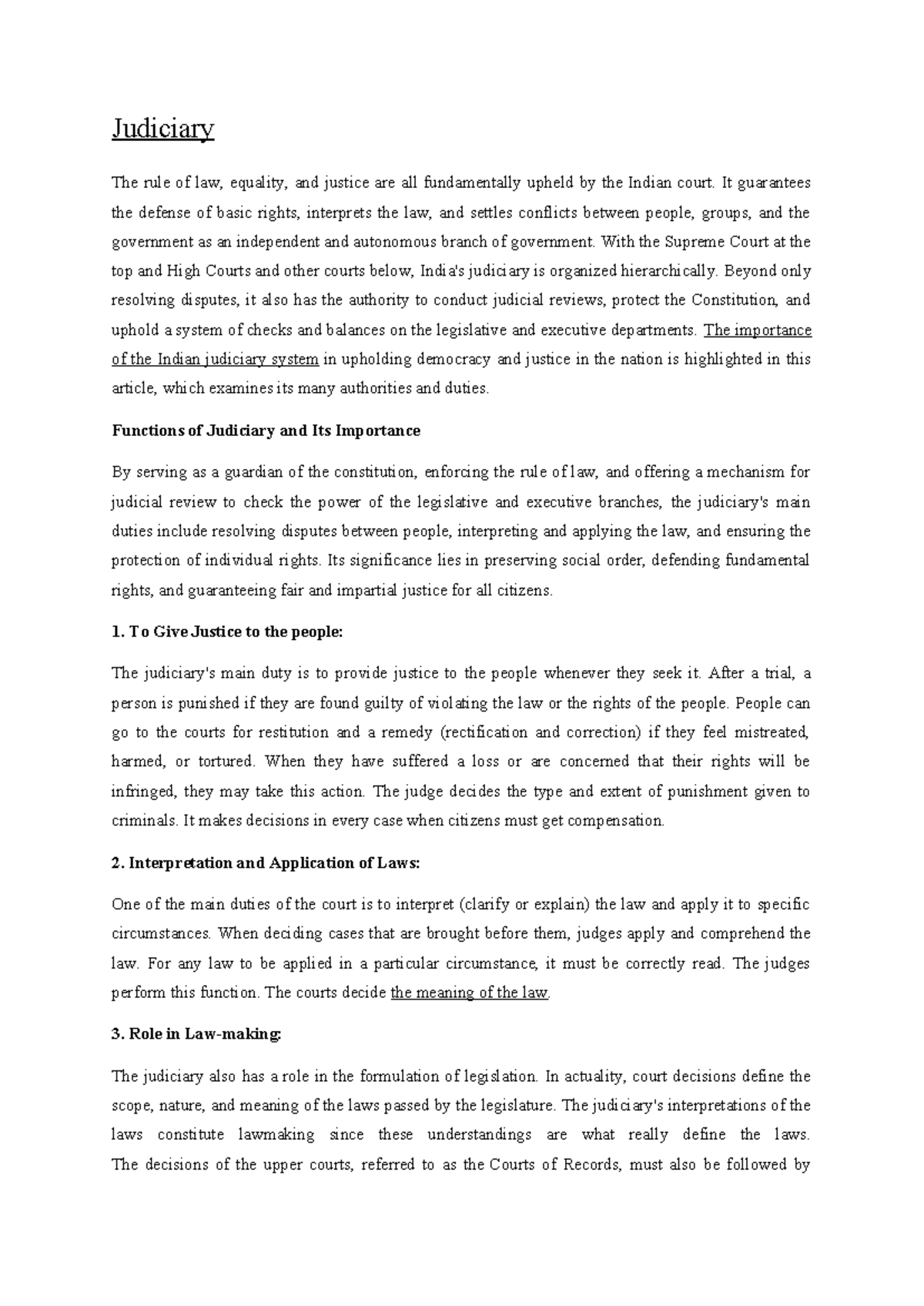Judiciary System in India: Functions, Powers, and Importance - Studocu