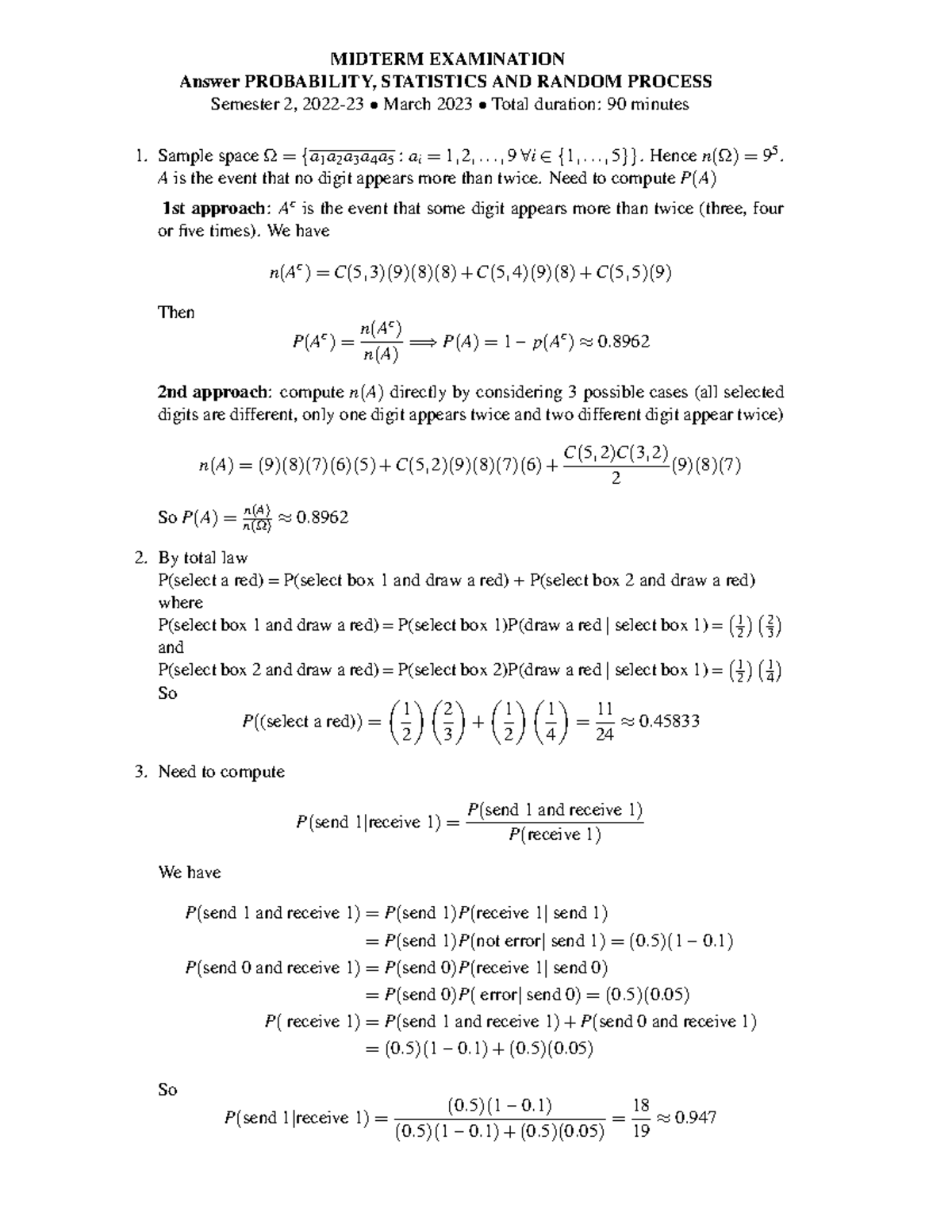 MIDTERM EXAMINATION KEY: PROBABILITY, STATISTICS & RANDOM PROCESS S2 2023 - Studocu