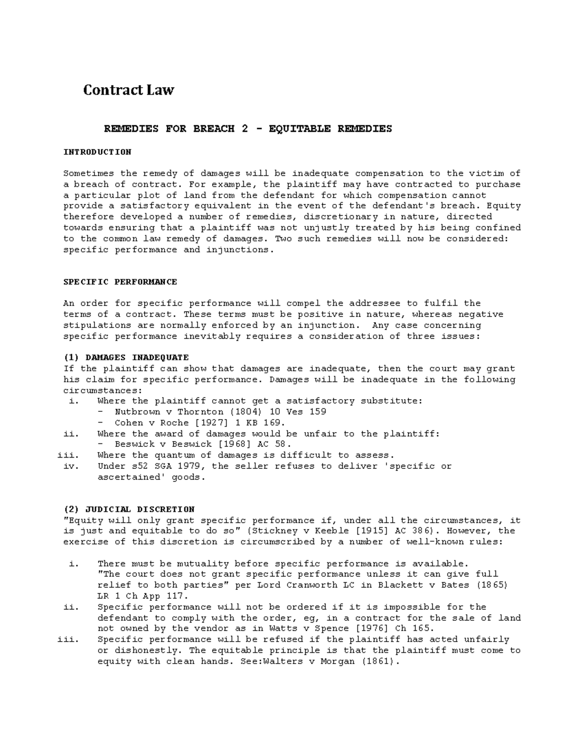 Equitable Remedies for Breach of Contract - Contract Law REMEDIES FOR ...