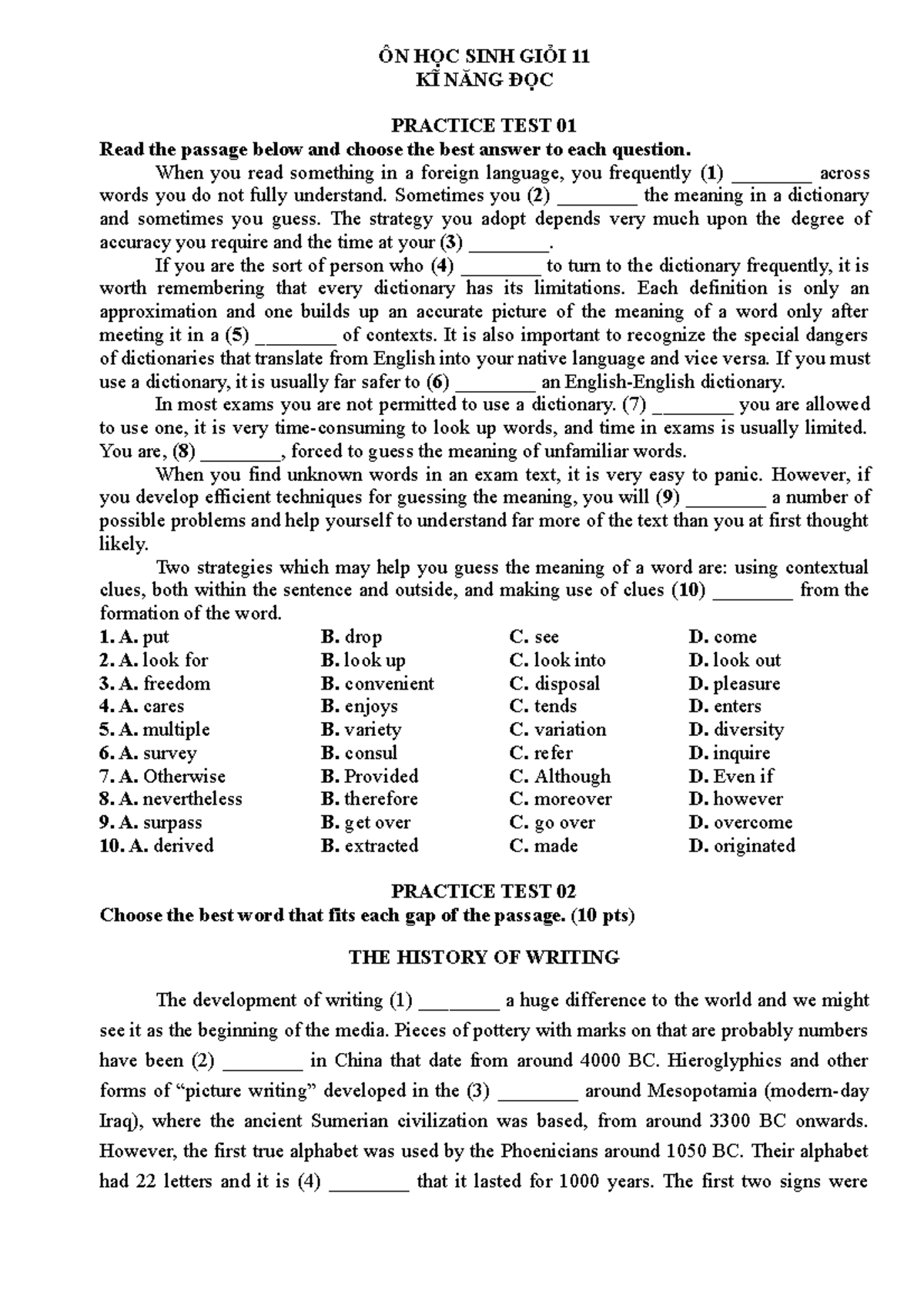English 10 - Reading Skills - Practice Tests and Answers (HSG) - Studocu