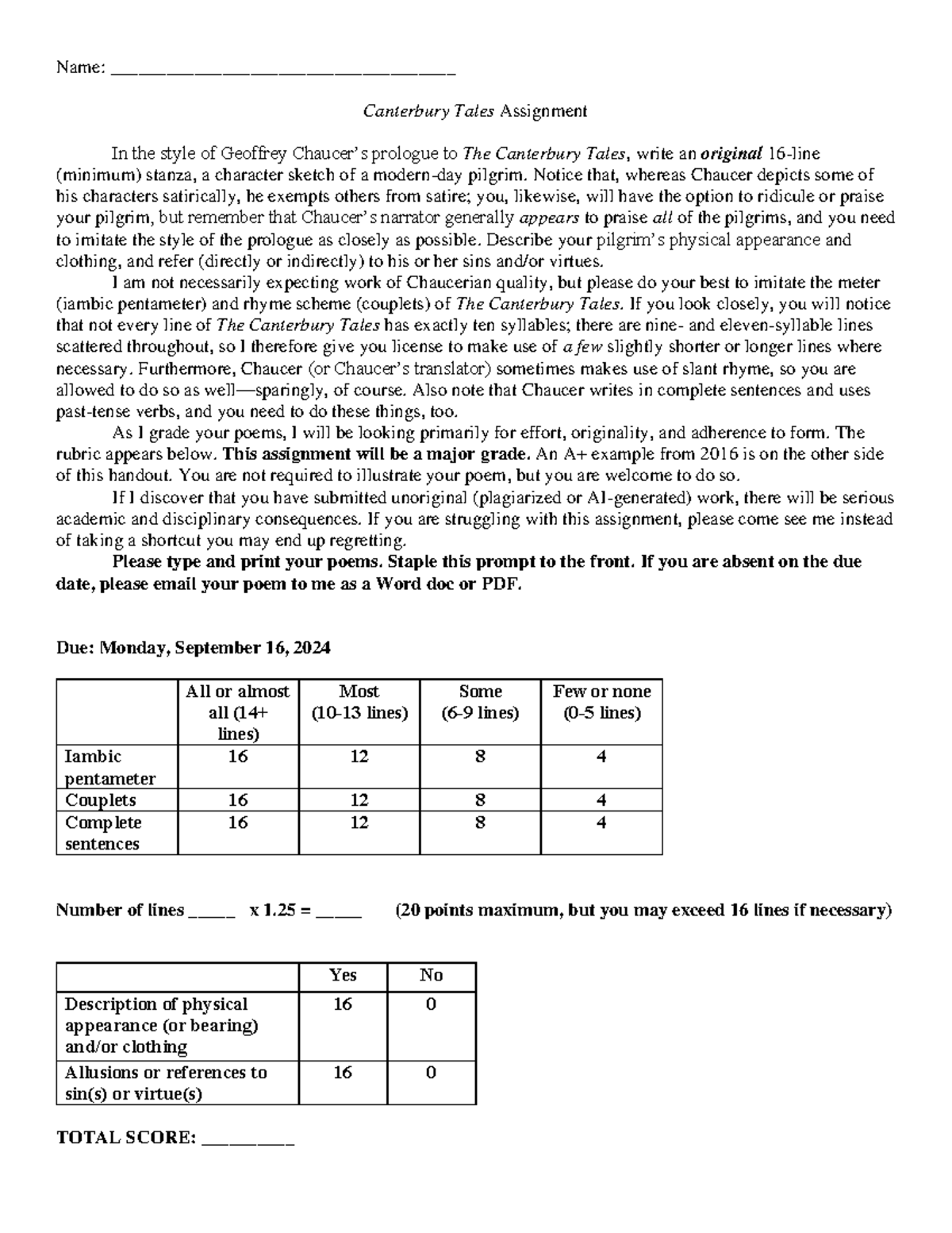 Canterbury Tales Assignment 2024 - Name ...