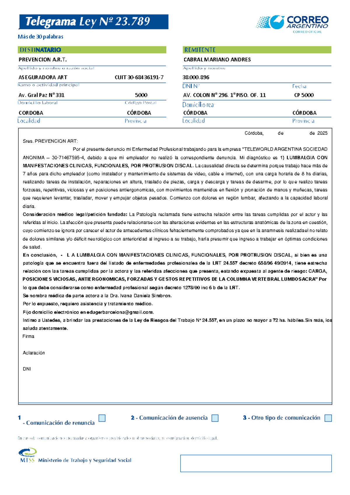 Modelo de Telegrama para Denunciar Enfermedad Profesional - Prevención ...