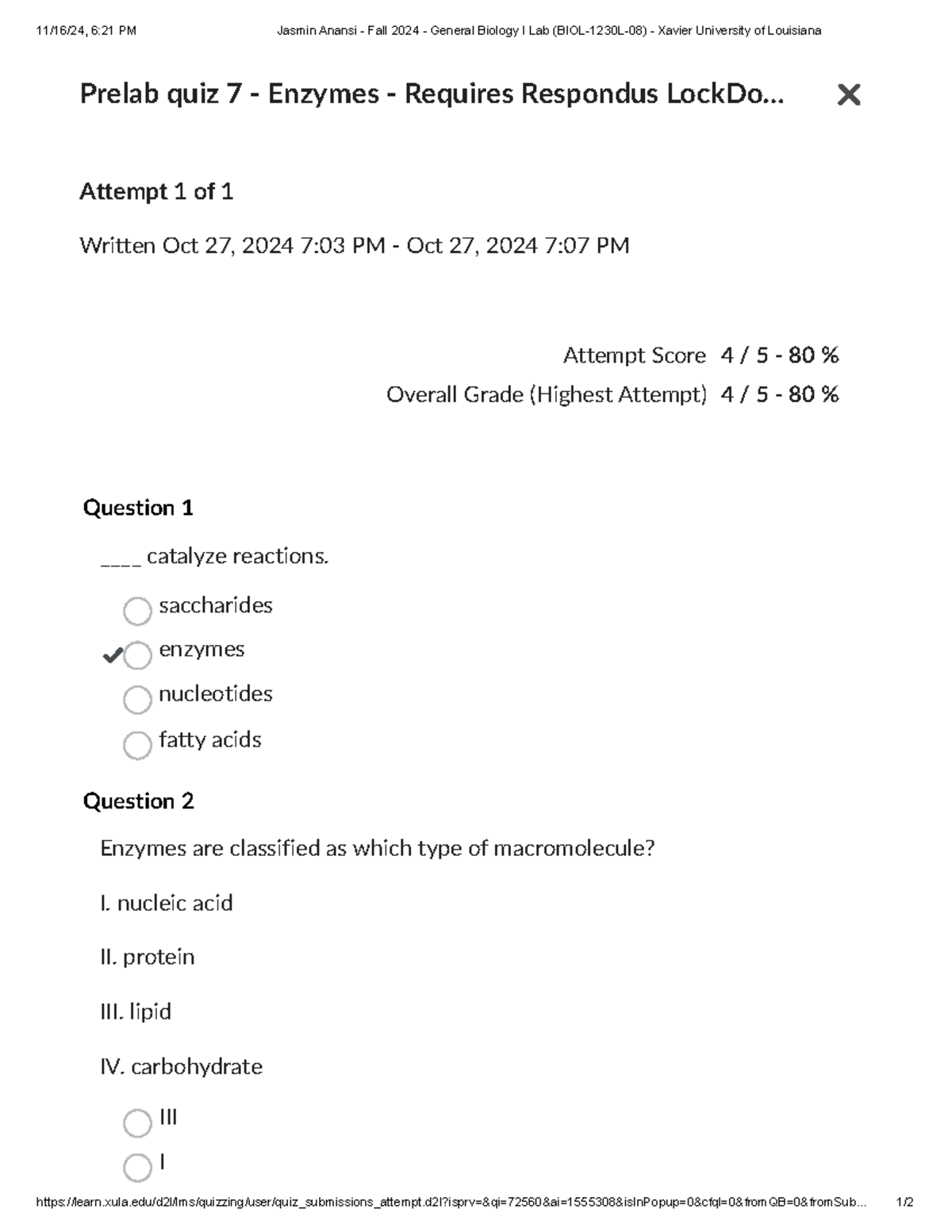 Prelab Quiz 7 on Enzymes - BIOL-1230L-08 - General Biology I Lab ...