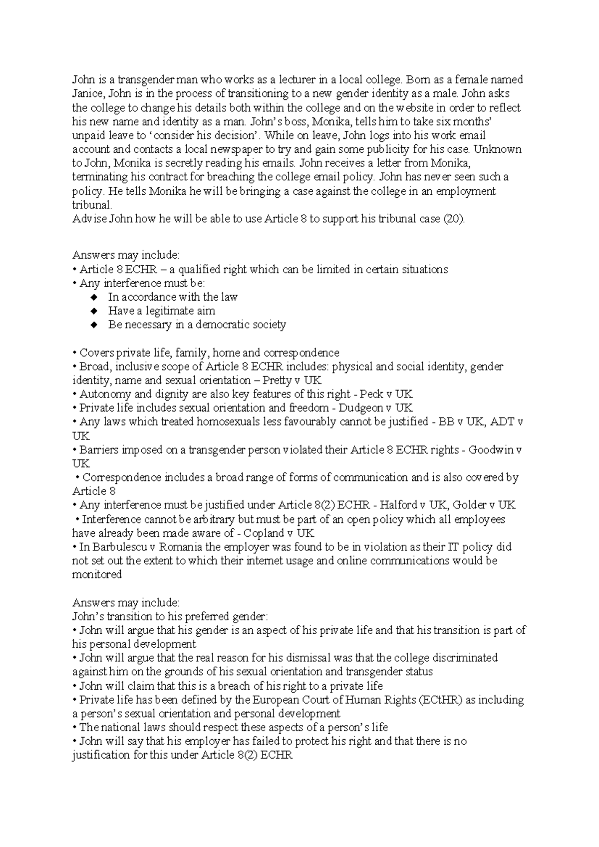 John's Case: Article 8 ECHR and Employment Tribunal Advice - Studocu
