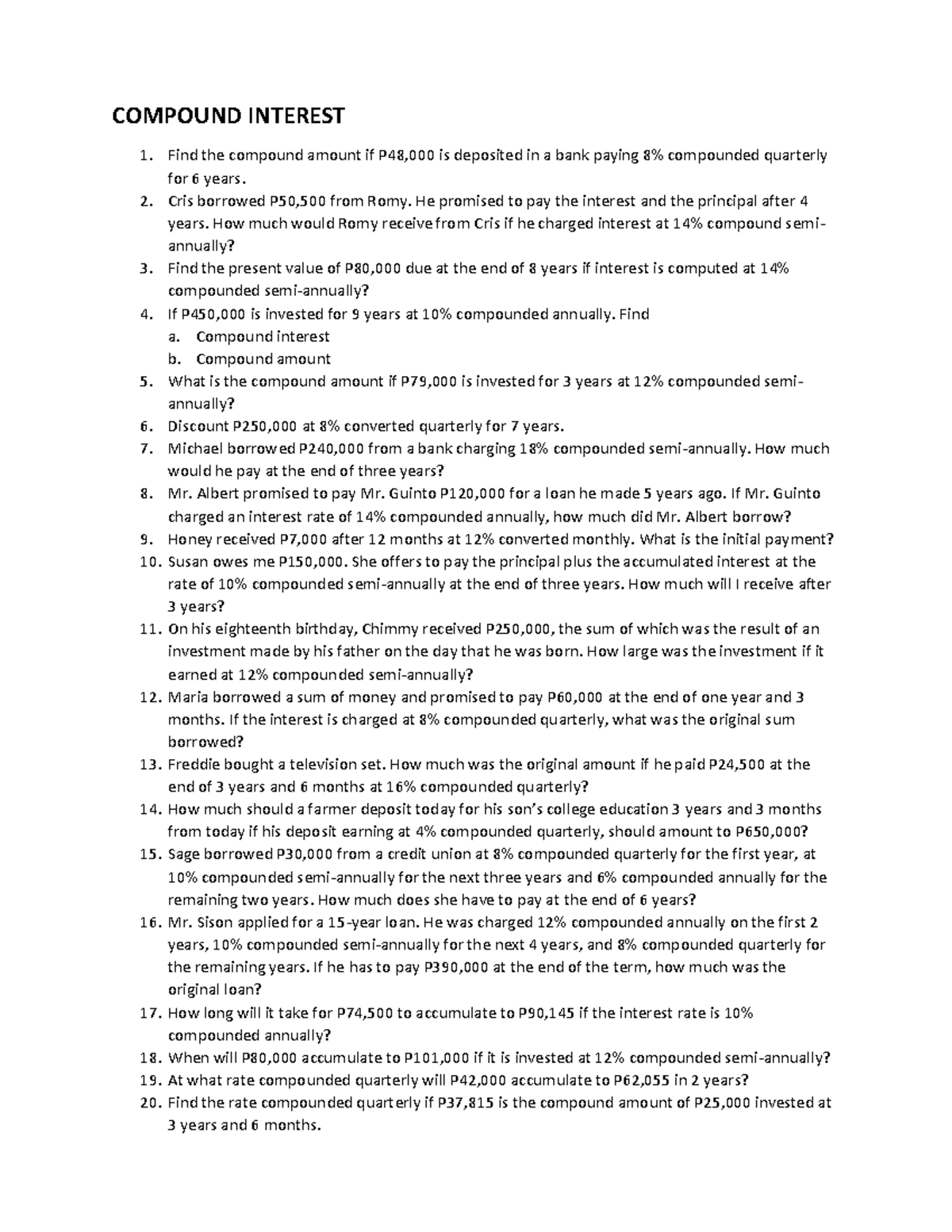 Compound- Interest (Exercise) - COMPOUND INTEREST Find the compound ...