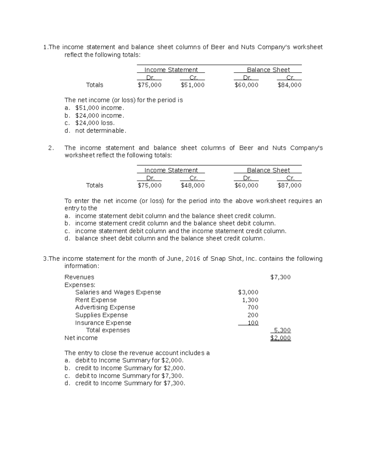 Sample/practice exam - 1 income statement and balance sheet columns of ...