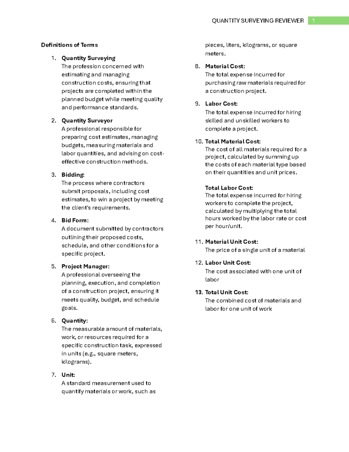 QS- Terminology Review for Quantity Surveying Concepts - Studocu