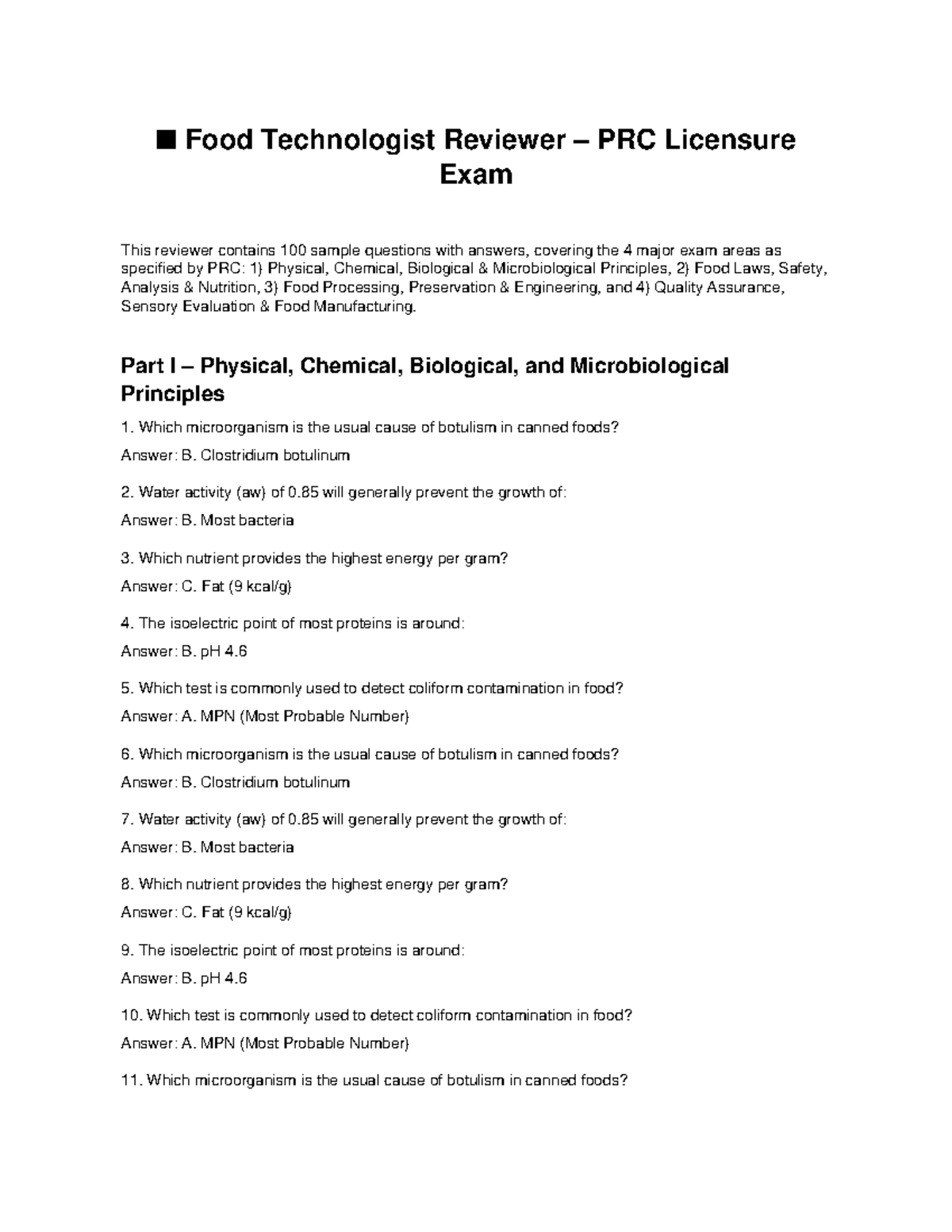 Food Technologist Reviewer: PRC Licensure Exam Sample Q&A - Studocu