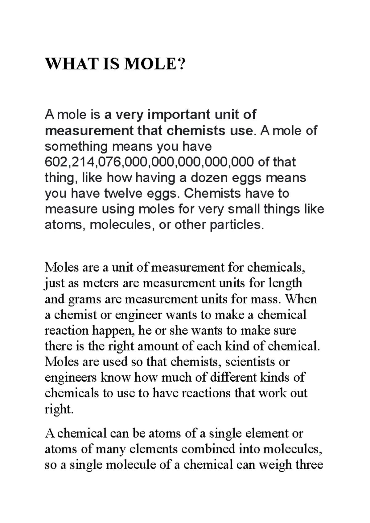 WHAT IS MOLE - WHAT IS MOLE - WHAT IS MOLE? A mole is a very important ...