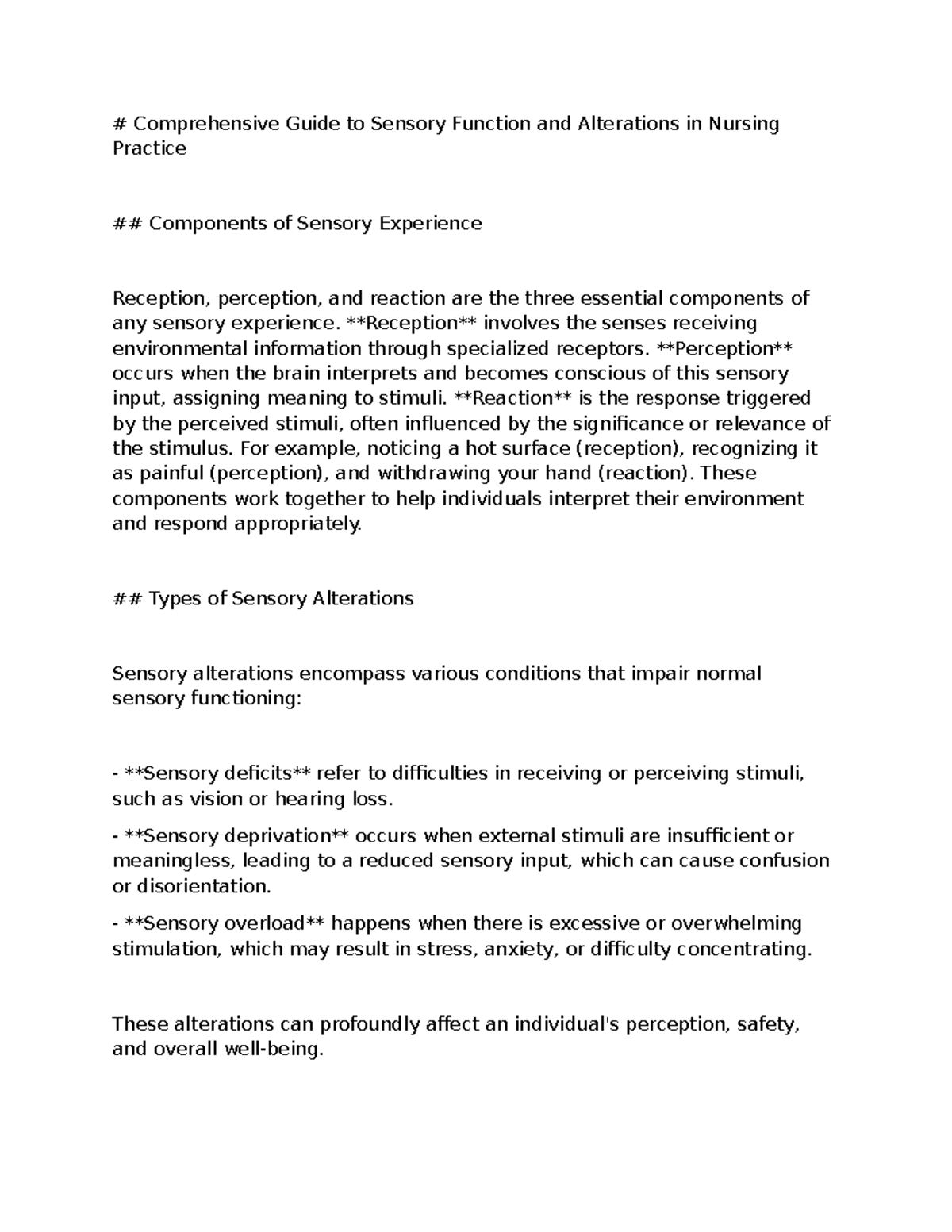 NUR 305: Comprehensive Guide to Sensory Function & Alterations in ...