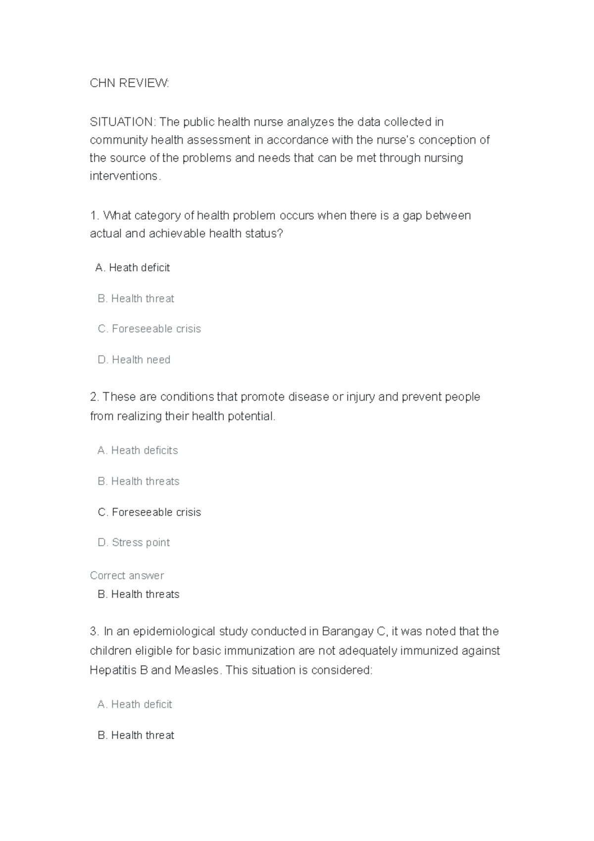 CHN Midterm Review: Community Health Nursing Concepts and Assessments ...