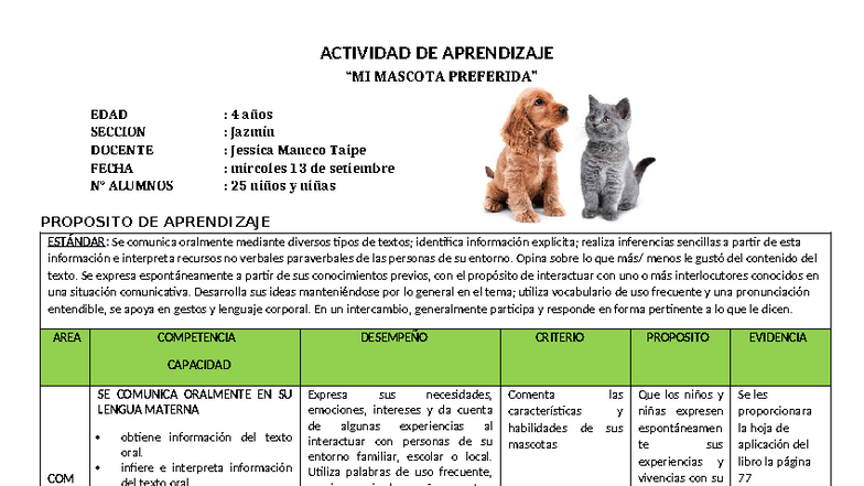 Sesión de Aprendizaje: Mi Mascota Preferida (4 años) - Studocu