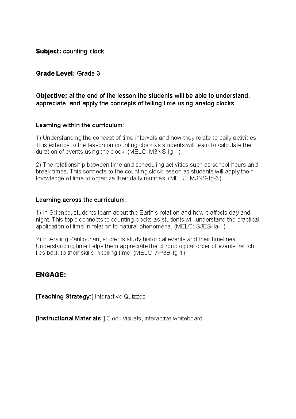 Lesson Plan: Counting Clocks for Grade 3 (MELC: M3NS-Ig-1 & Ig-3) - Studocu