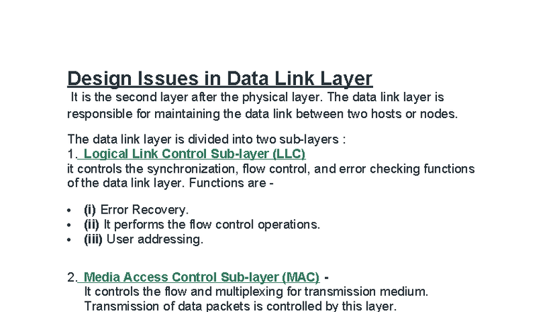 Design Issues in Data Link Layer: Key Concepts and Functions - Studocu