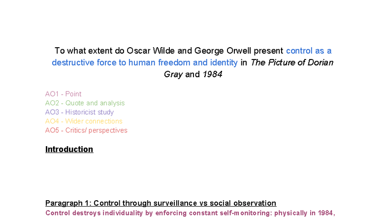 Control as a Destructive Force in Wilde's Dorian Gray & Orwell's 1984 ...