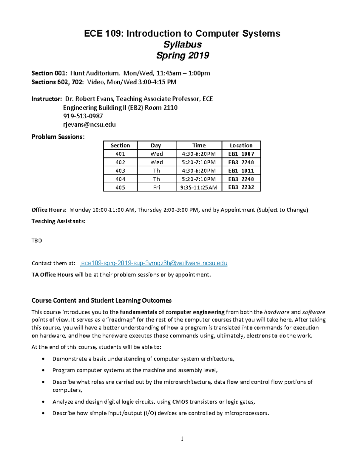 Ece109 - ECE 109: Introduction to Computer Systems Syllabus Spring 2019 Section 001 - Studocu