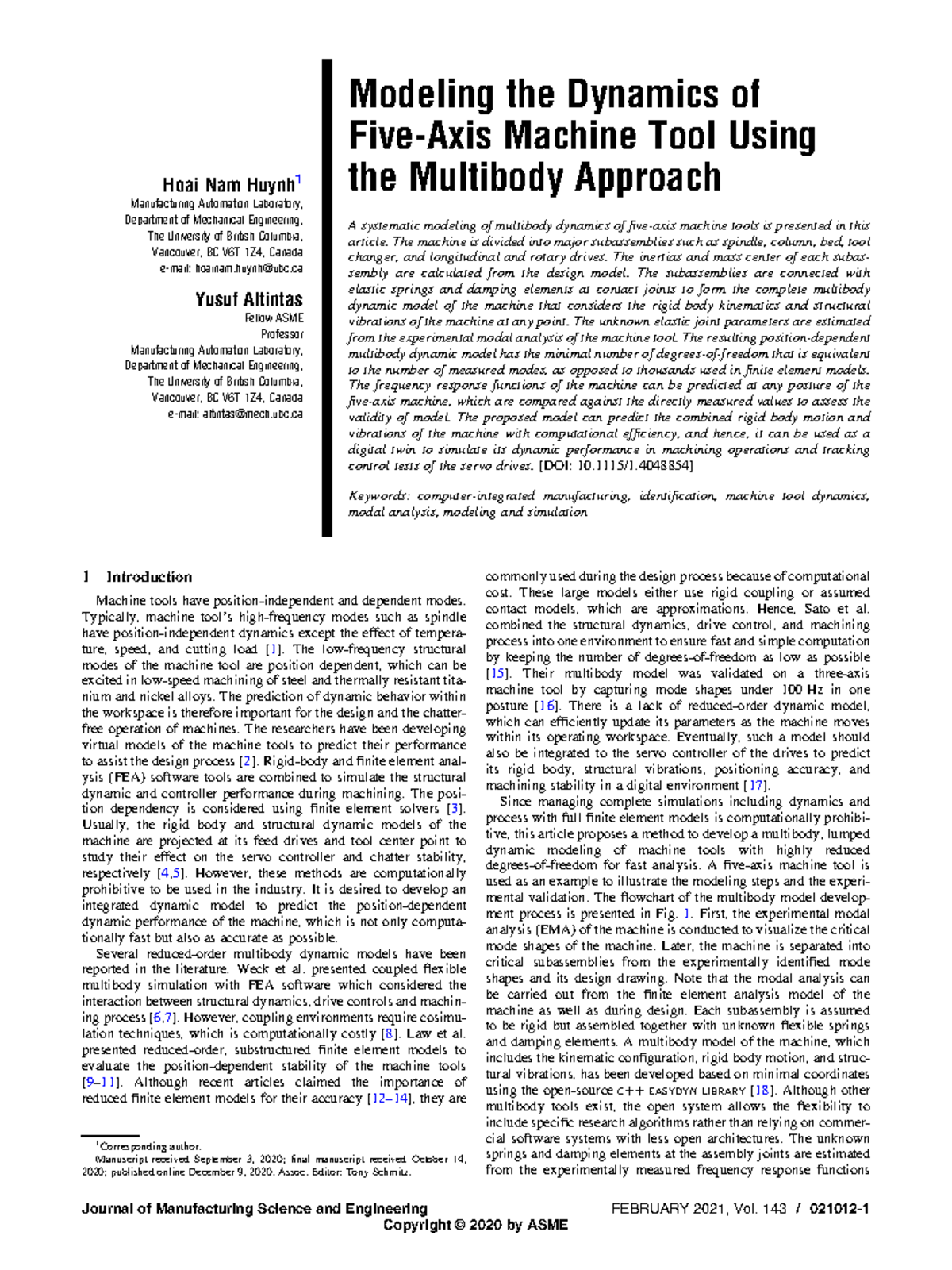 Huynh & Altintas: Multibody Model of 5-Axis Machine Tool Dynamics - Studocu